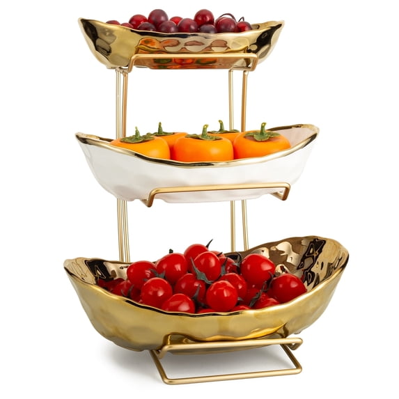 starze, 3 Tier Fruit Tray with Metal Stand, Ceramic Bowls, Gold ...