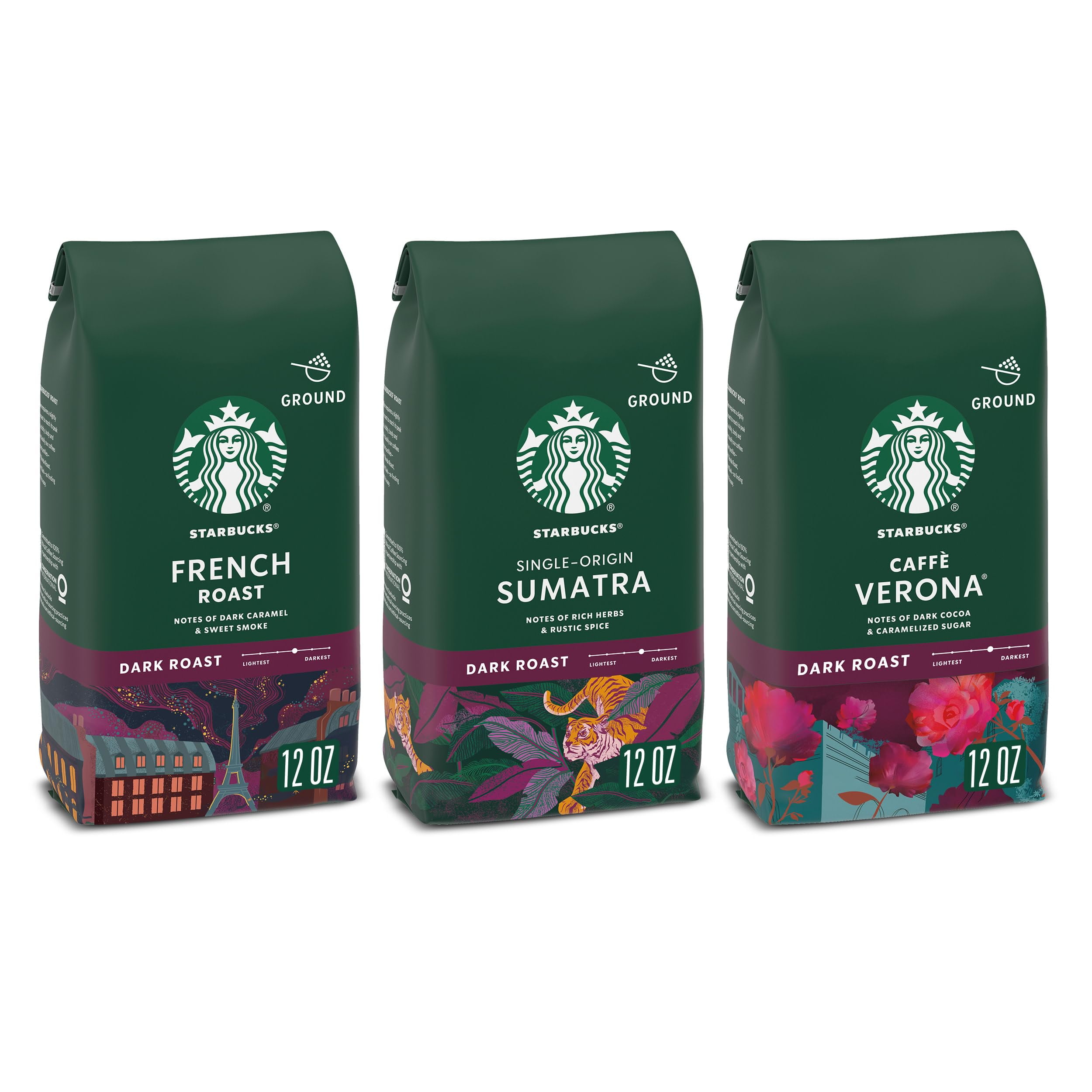 Starbucks Dark Roast Ground Coffee, Variety Pack, 3 bags (12 oz each ...