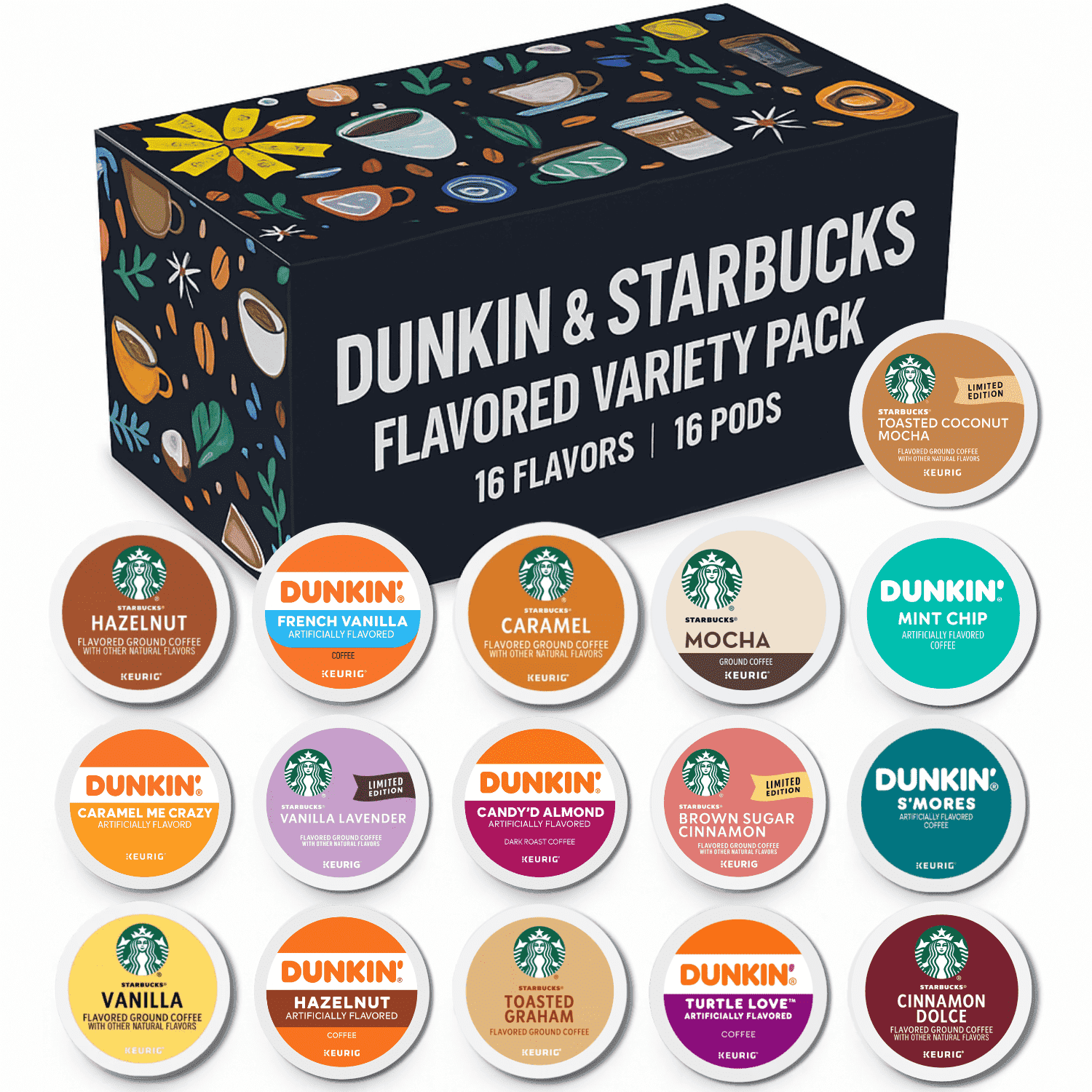 Starbucks & Dunkin Flavored Coffee Pods Variety Pack – 16 Flavors, 16 K-Cup Pods – Flavored K ...