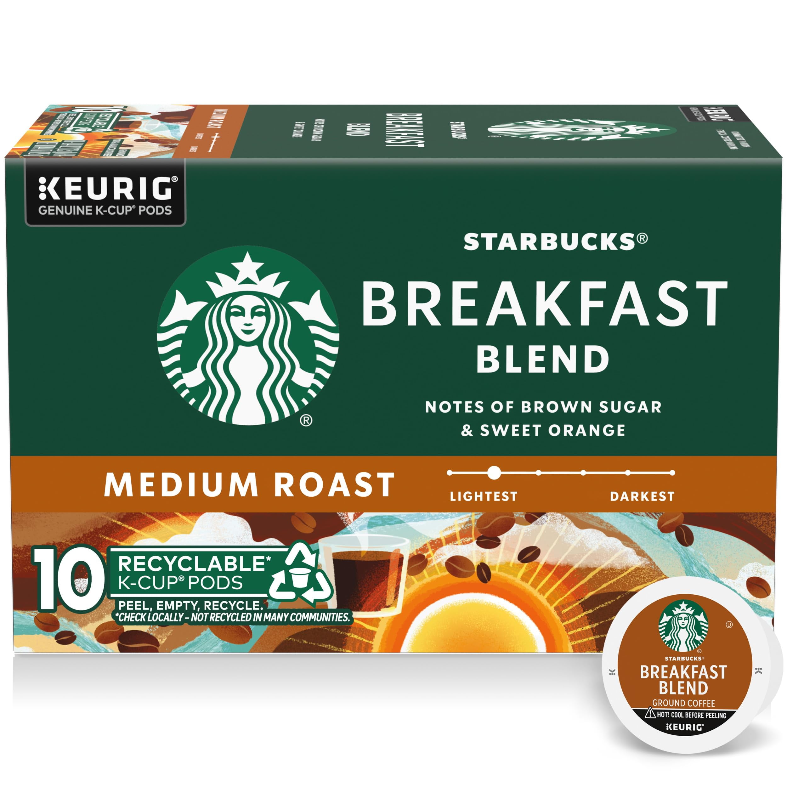 Starbucks Medium Roast K-Cup Coffee Pods â€” Breakfast Blend for Keurig Brewers â€” 1 box (10 ...