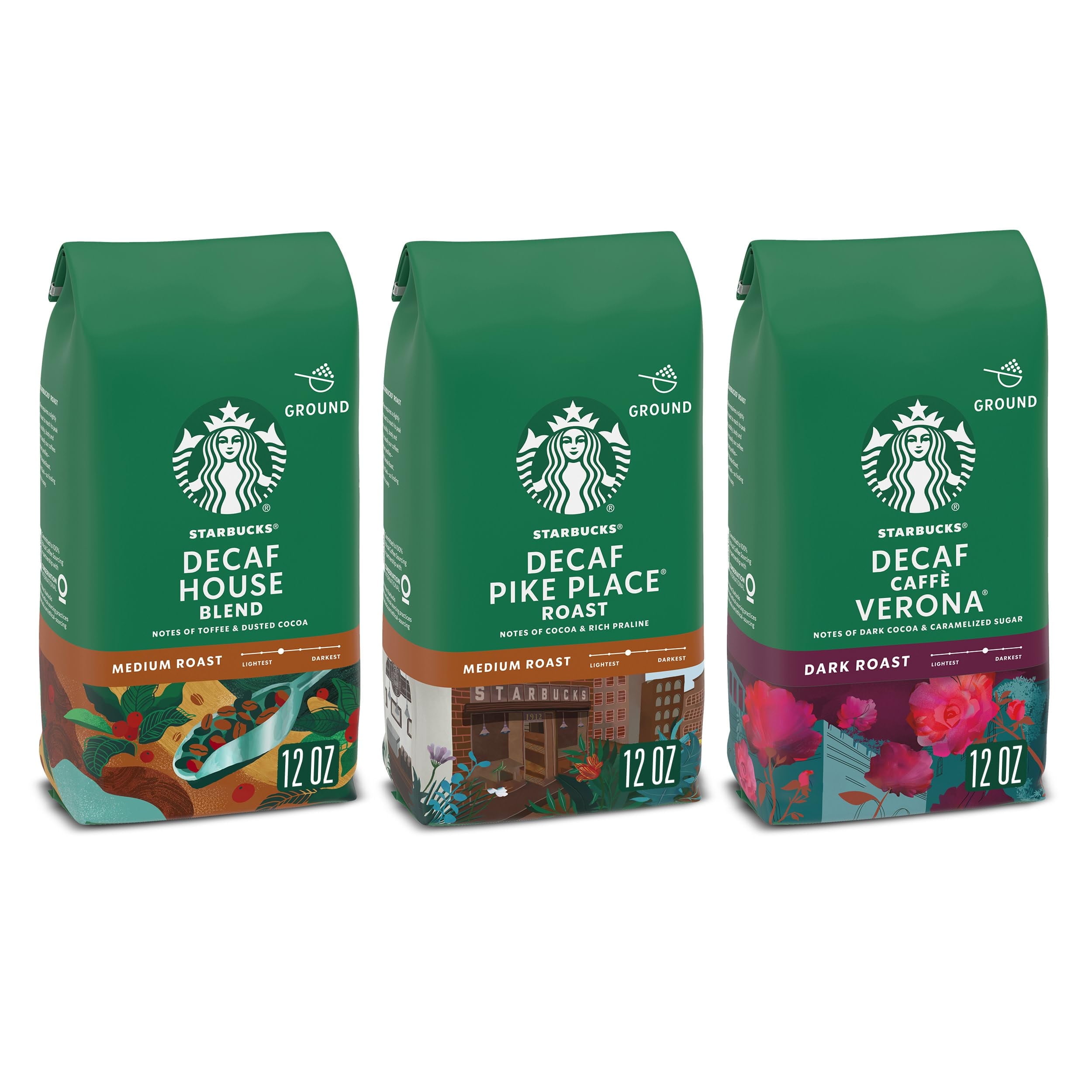 Starbucks Medium & Dark Roast Decaf Ground Coffee, Variety Pack, 3 Bags ...