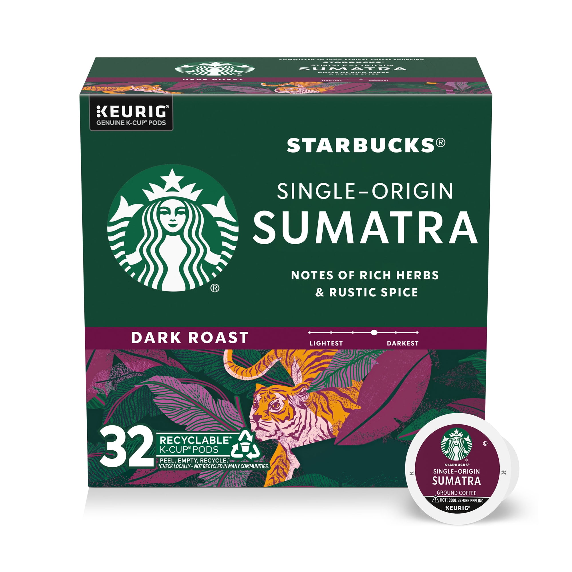 Starbucks Sumatra, Hot or Iced Coffee, Dark Roast K-Cup Coffee Pods, 32 ...