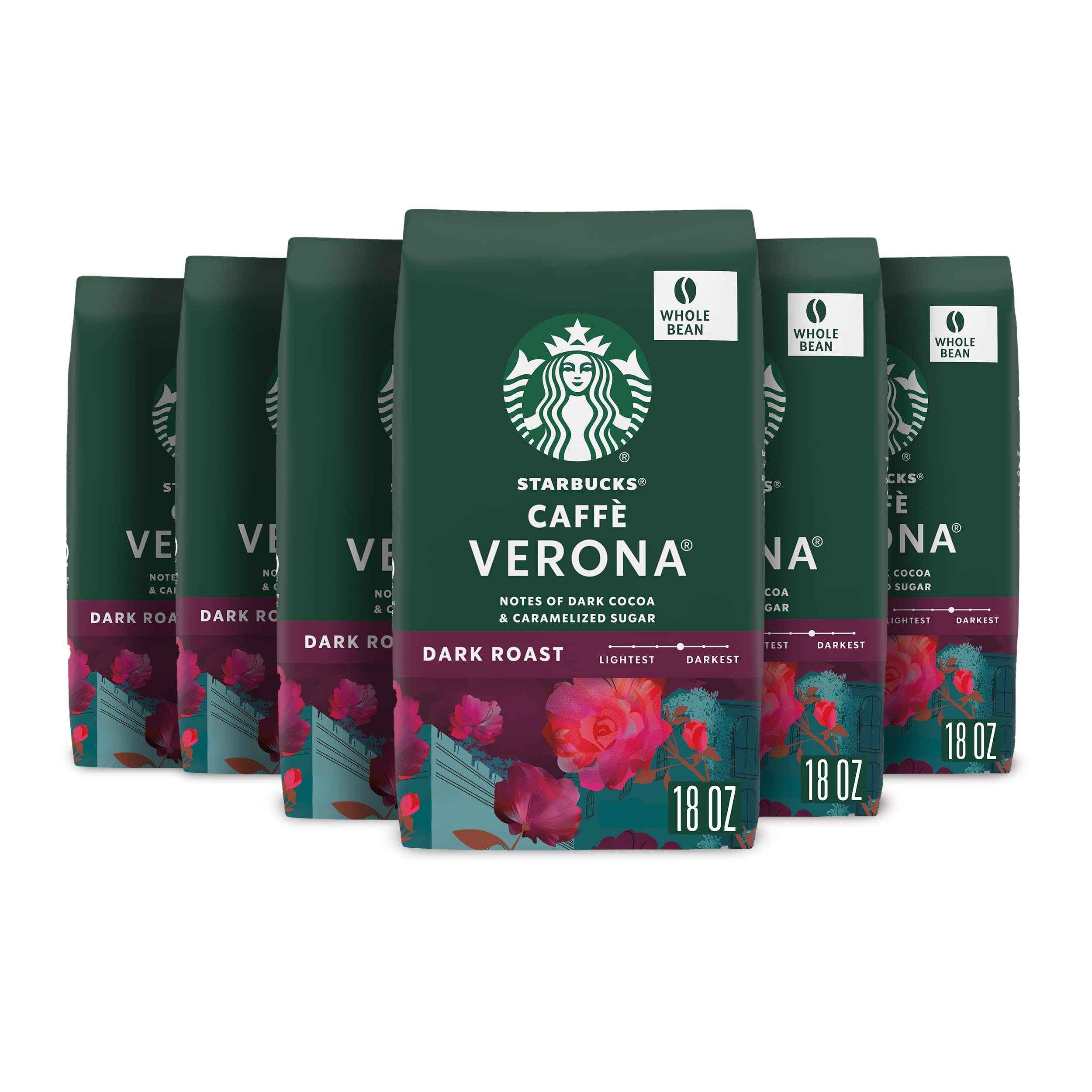 Starbucks Whole Bean Coffee, Dark Roast Coffee, Caffè Verona, 100% Arabica, 6 Bags (18 Oz Each ...