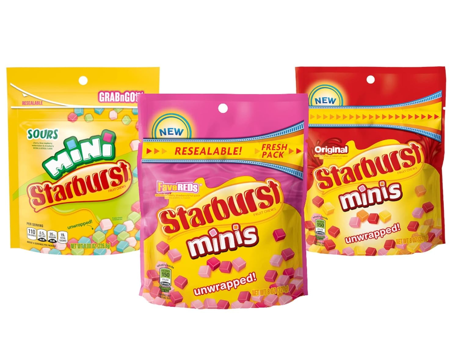 Starburst Minis Stand Up Pouch Original, Sours, And Fave Reds Bundled ...