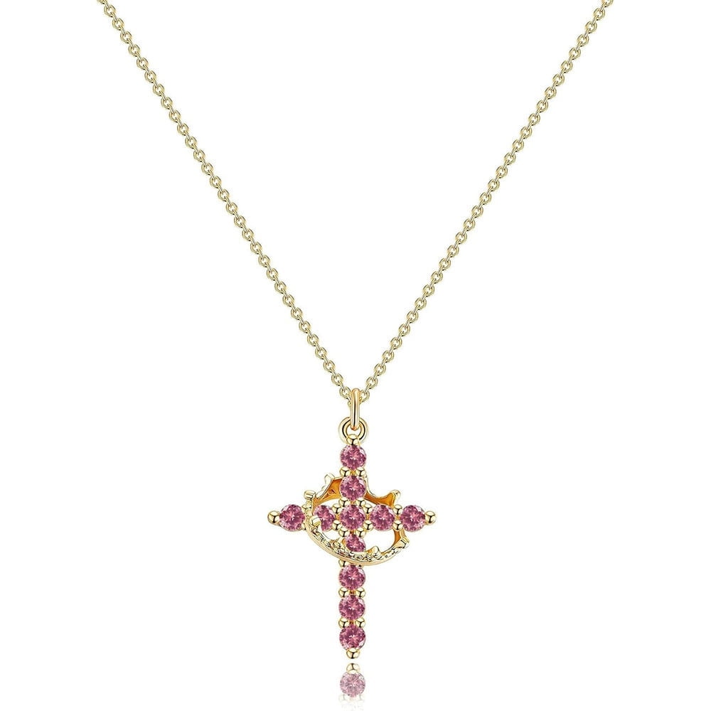 Starchenie Cross Rotated Crown Birthstone Necklace 14K Gold Plated July ...