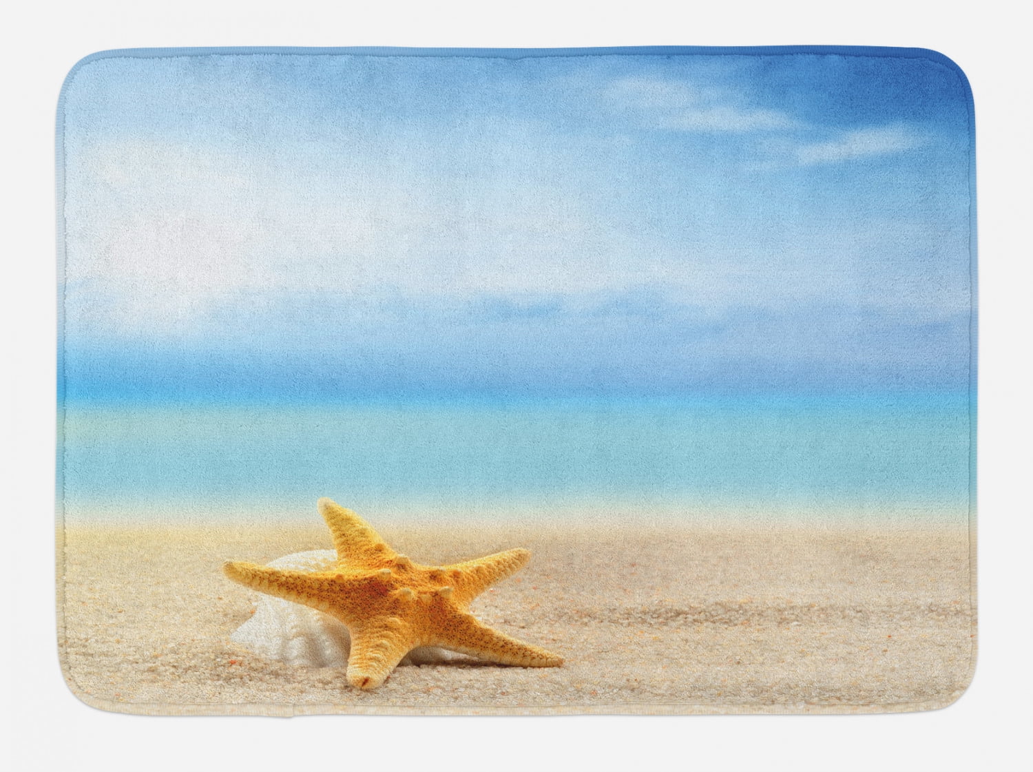 Starfish Bath Mat, Scallop Seashell and Starfish Close Up Sandy Beach ...