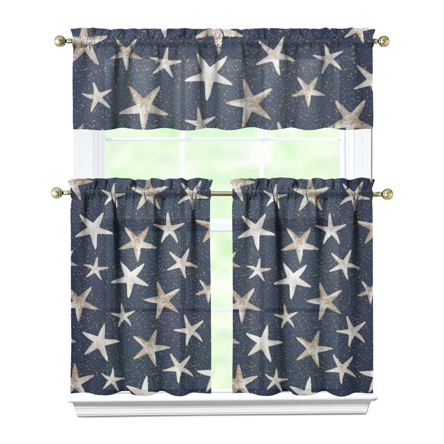 Starfish Beach Kitchen Curtains Set Seashells Seahorse Fish Ocean ...