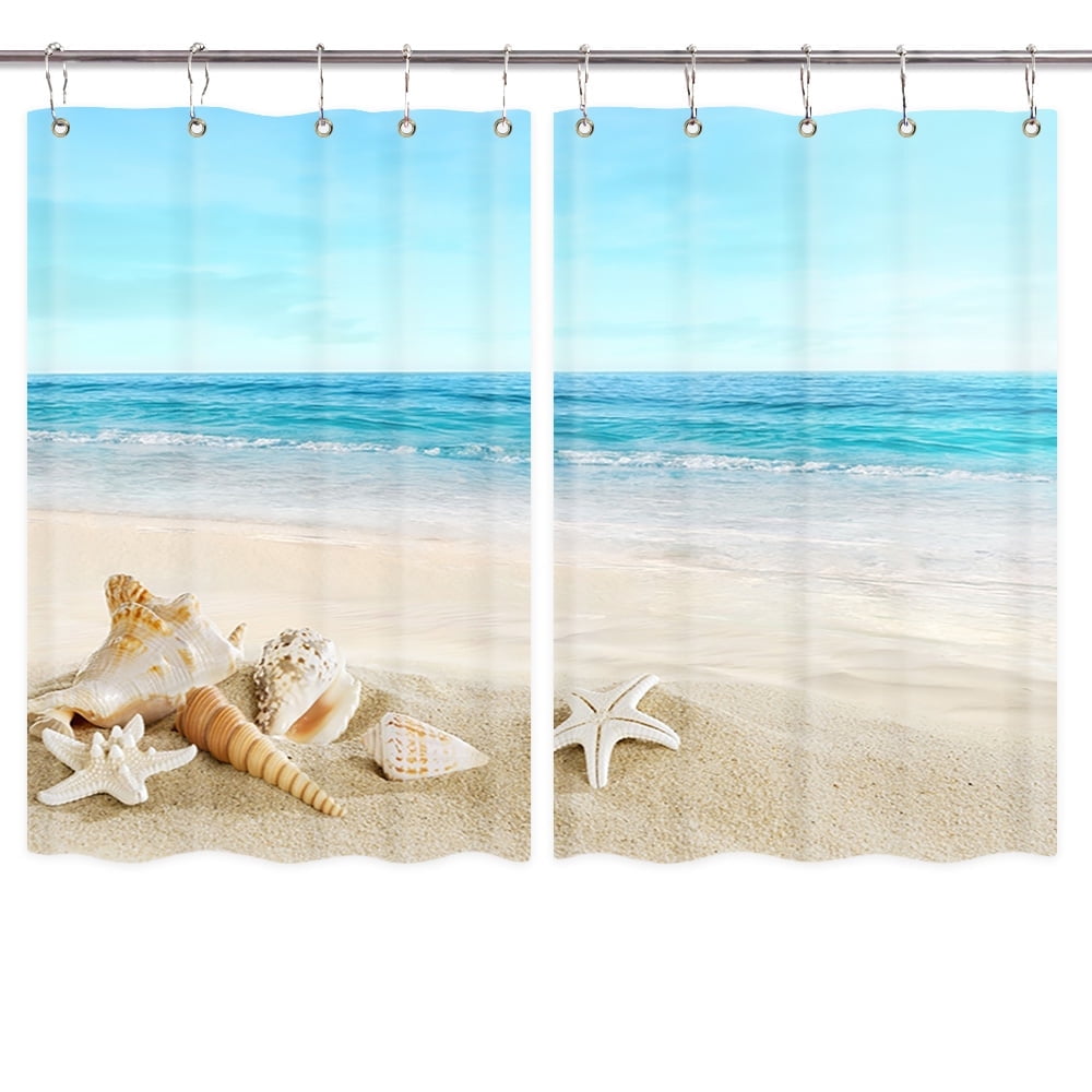 Starfish Beach Theme Kitchen Windows Curtain Fabric, Tropical Sea Waves ...