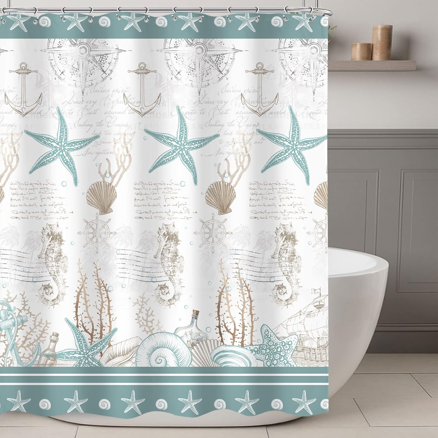 Starfish Beach Theme Shower Curtain 72Wx72H Inch Seashells Nautical ...