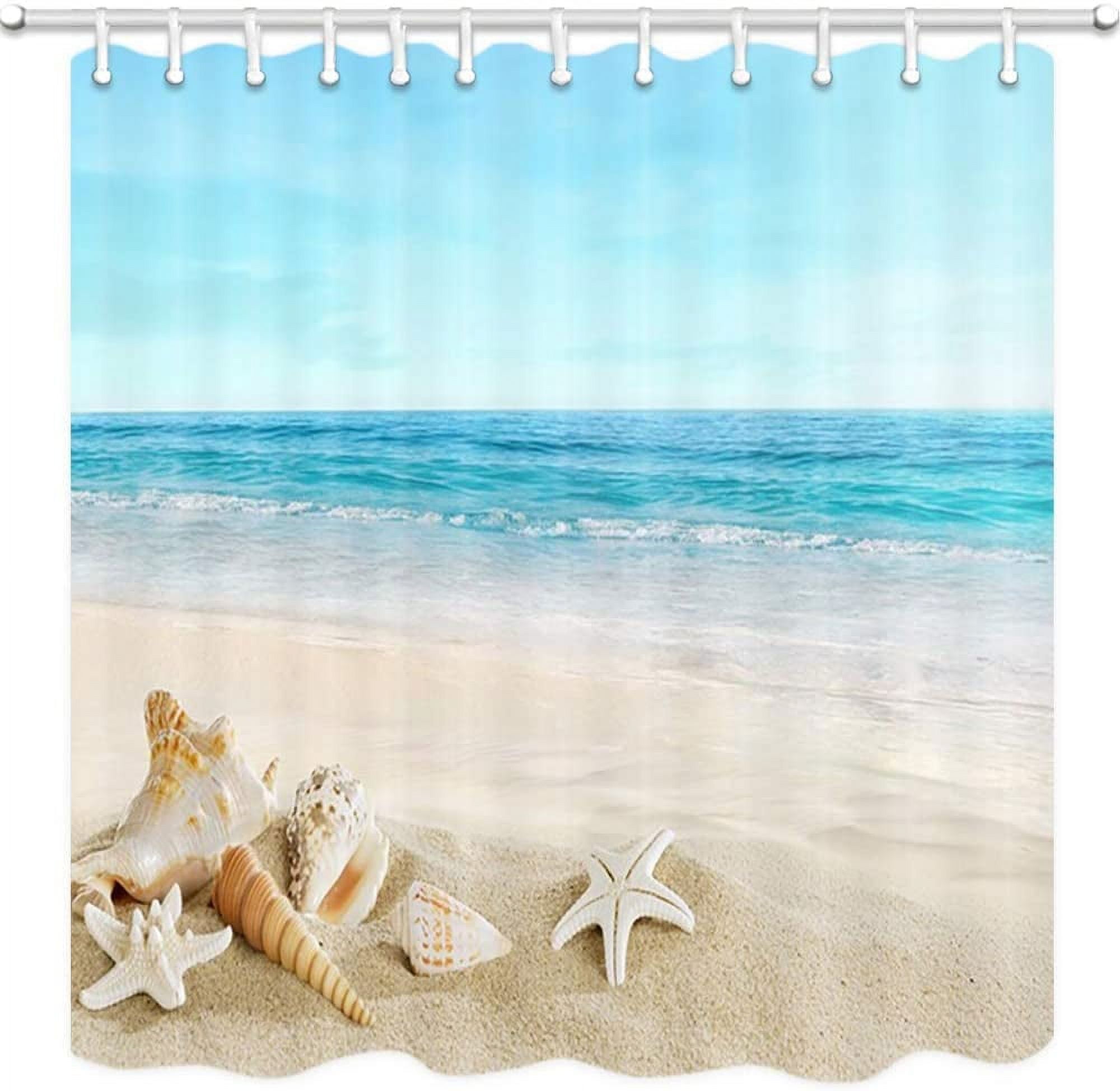 Starfish Beach Theme Shower Curtain Fabric, Tropical Sea Waves Seashell ...