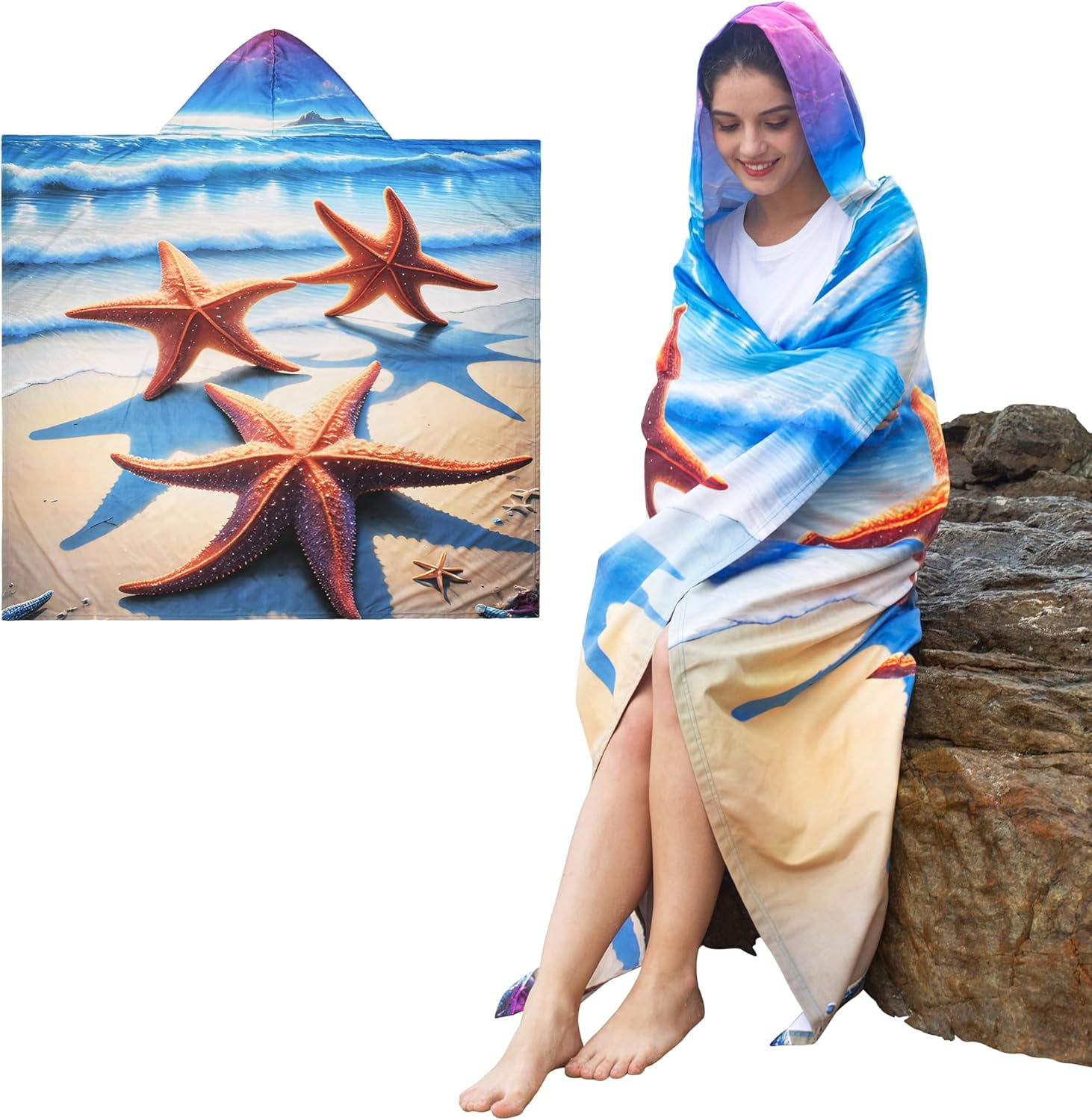 Starfish Beach Towel with Hood, Microfiber Hooded Swim Towel Poncho, Sand-Free Hooded Towel for ...