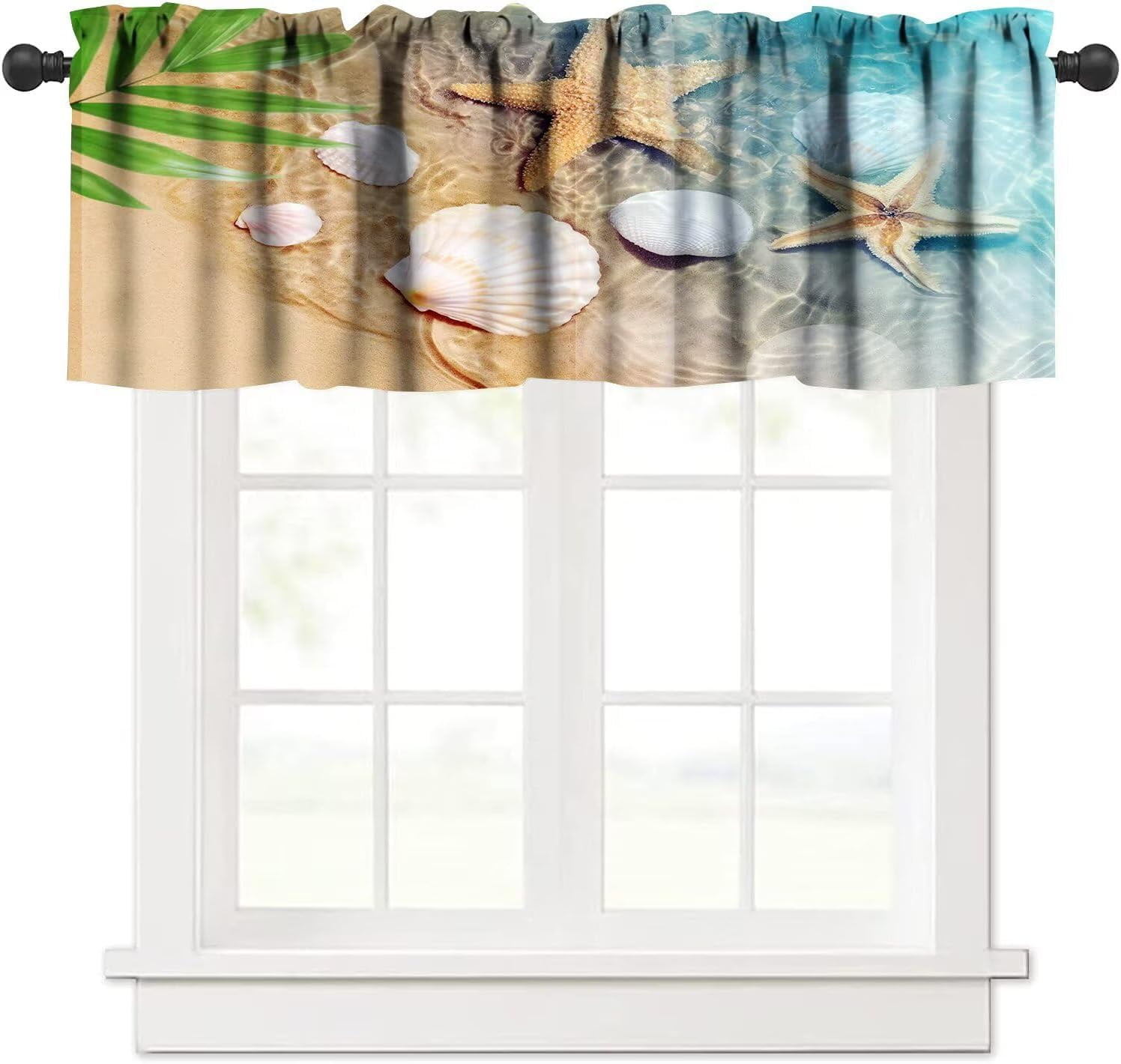 Starfish Beach Valance Curtain Green Leaf Sea Water Rod Pocket Valance ...