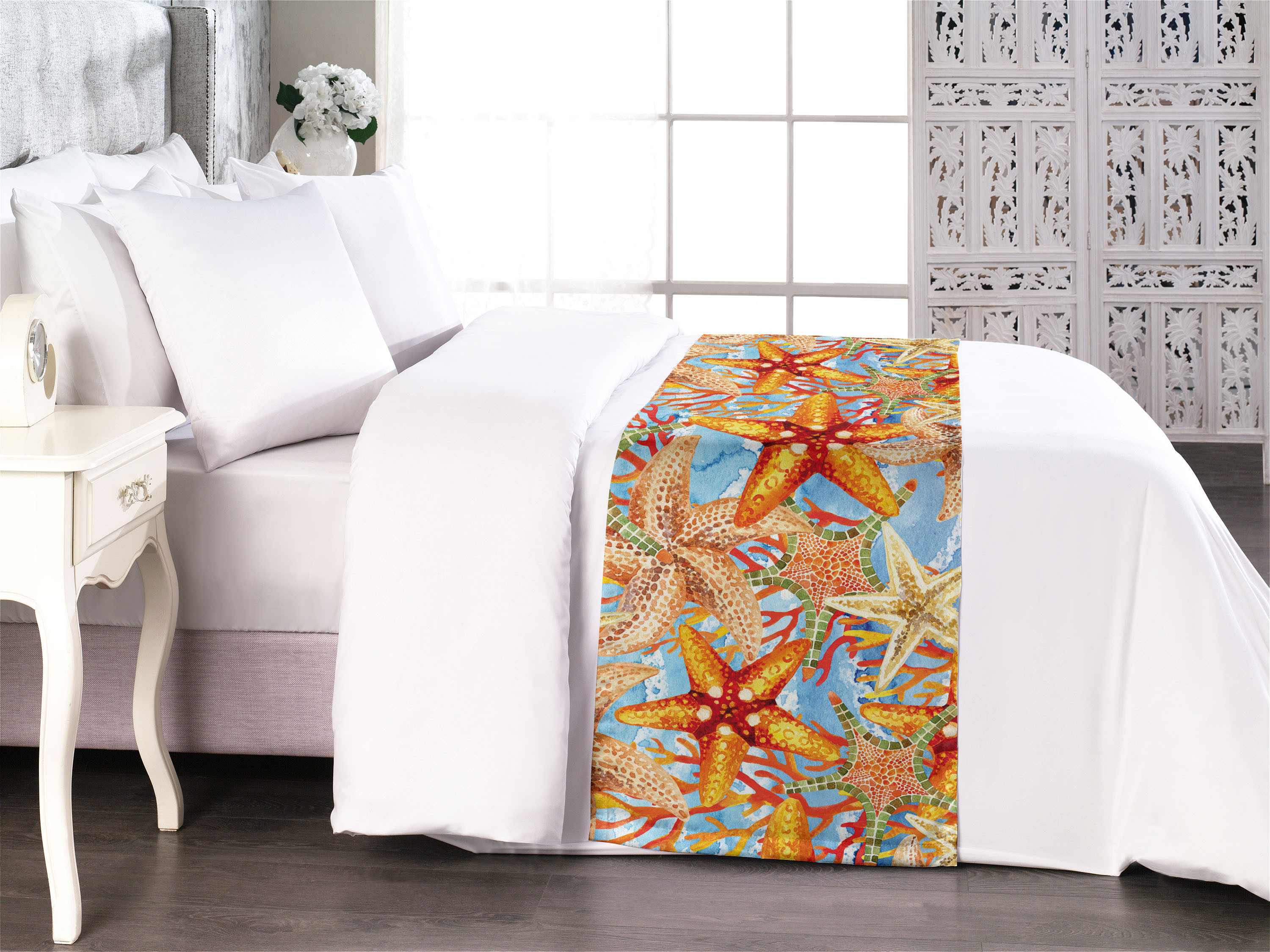 Starfish Bed Runner, Nautical Sea Animals with Watercolor Style on ...