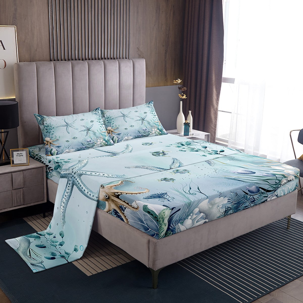 Starfish Bed Sheets Set Teal Blue Ocean Beach Coastal King Sheet Set ...
