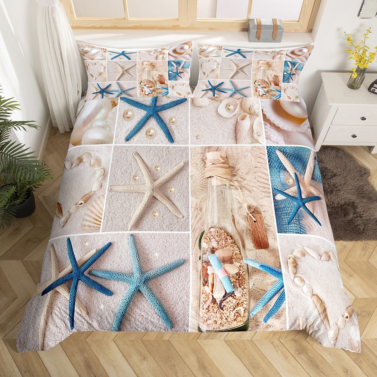 Starfish Bedding Set Beaches Comforter Cover for Women Adults,Blue ...