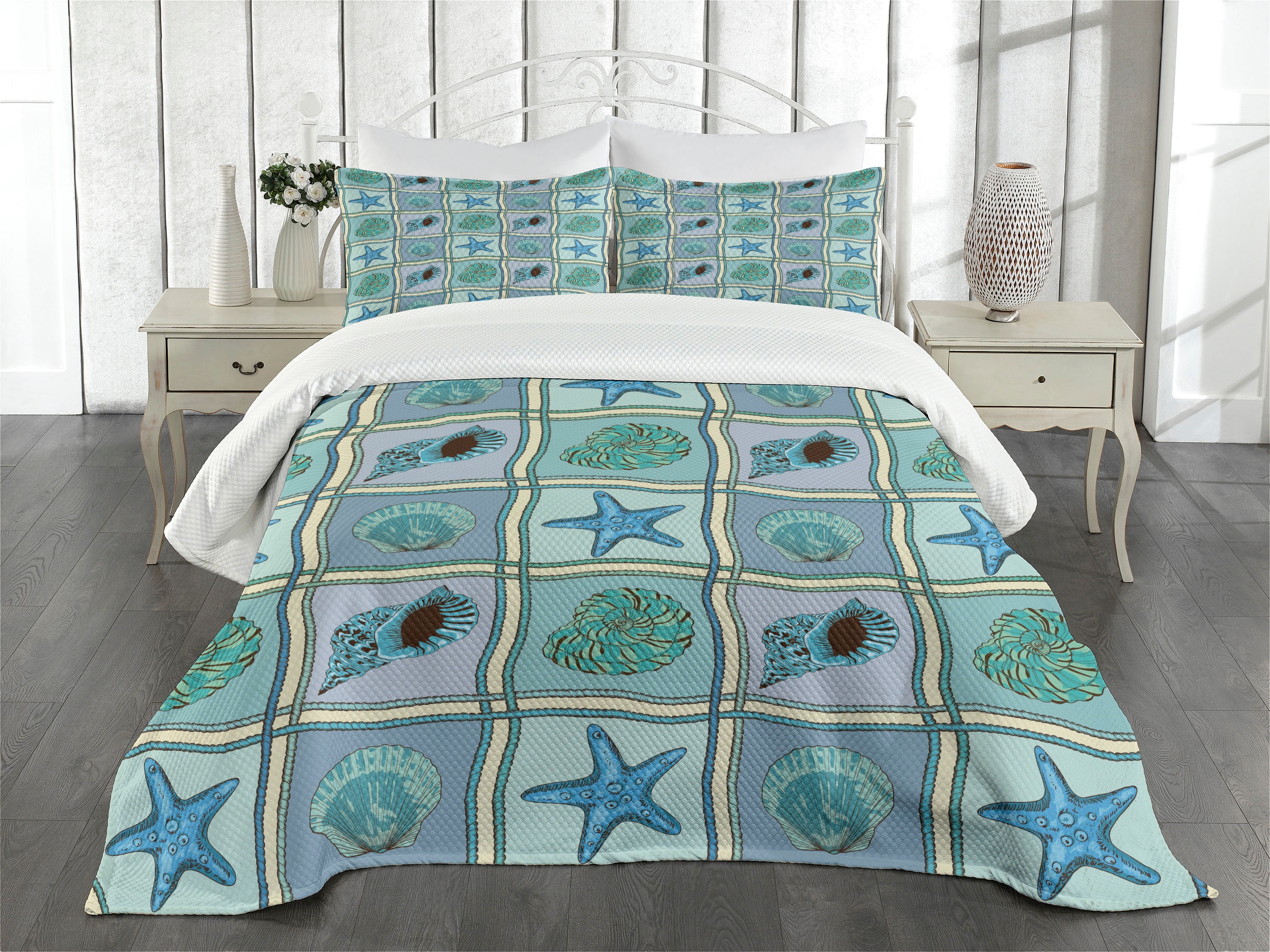 Starfish Bedspread Set Queen Size, Marine Patchwork Style Inspired ...