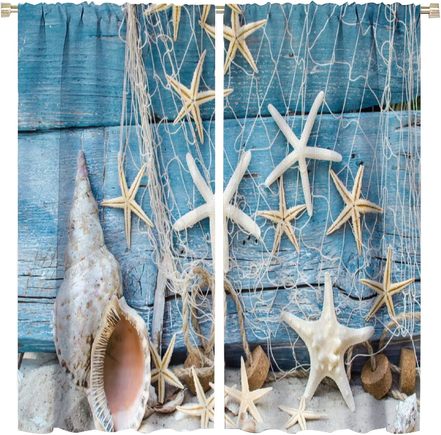 Starfish Blackout Curtains Tropical Beach Fishing Net Conch Starfish ...