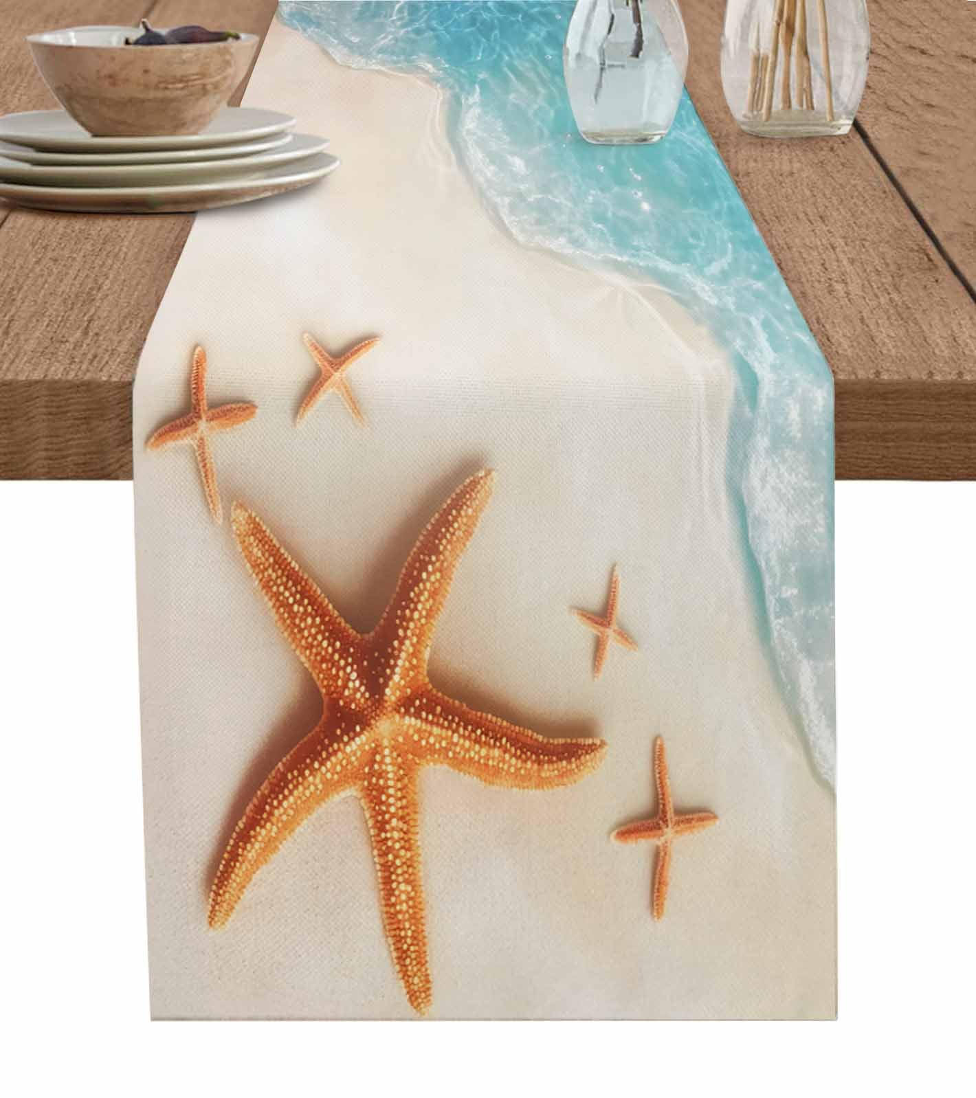 Starfish Burlap Cotton Table Runner 13x70 Inches Long, Coastal Ocean ...