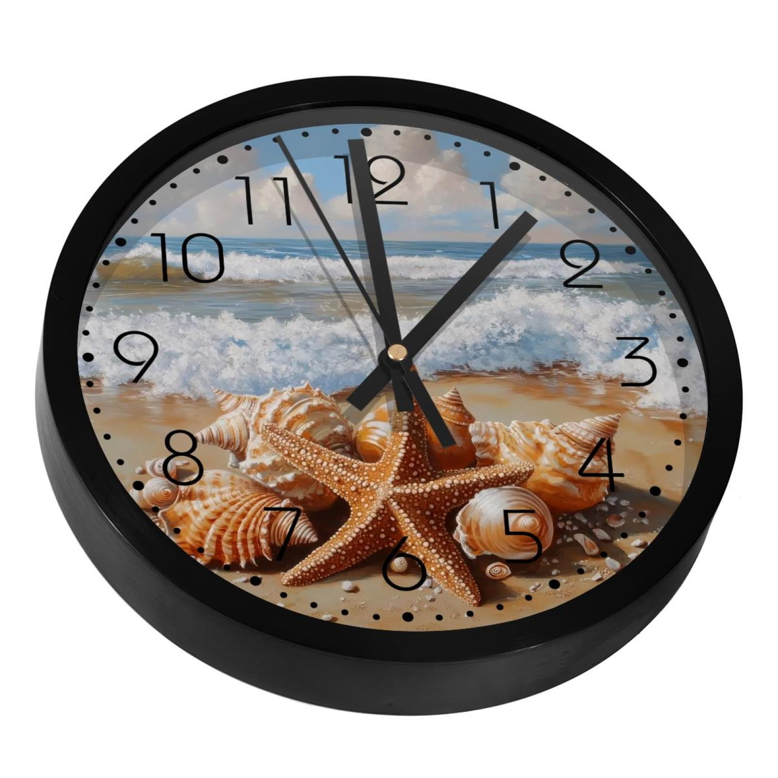 Starfish Conch on Beach Sand Silent Wall Clock, Non Ticking Battery ...