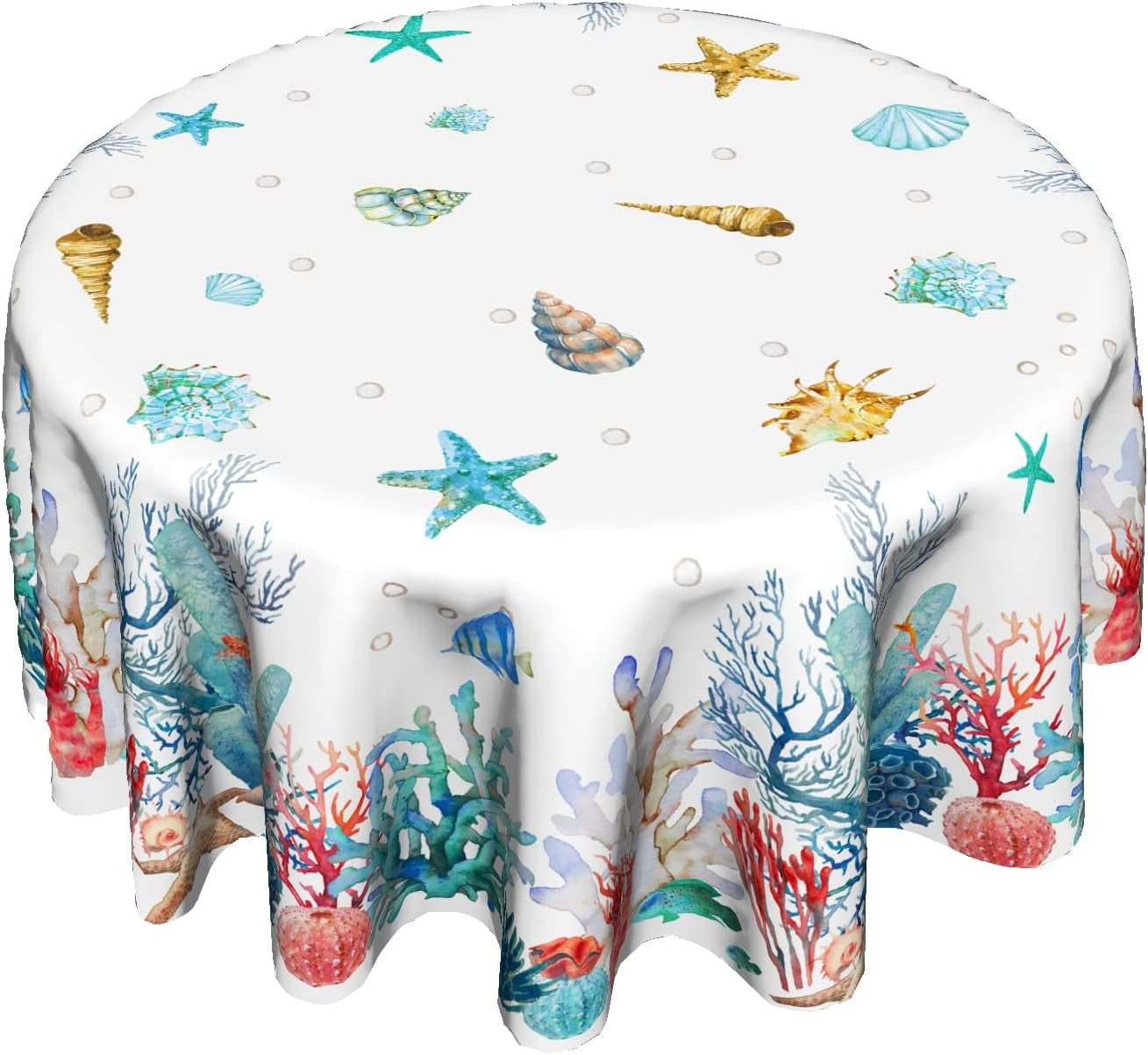 Starfish Coral Round Tablecloth 60in Nautical Coastal Seashell Circle ...