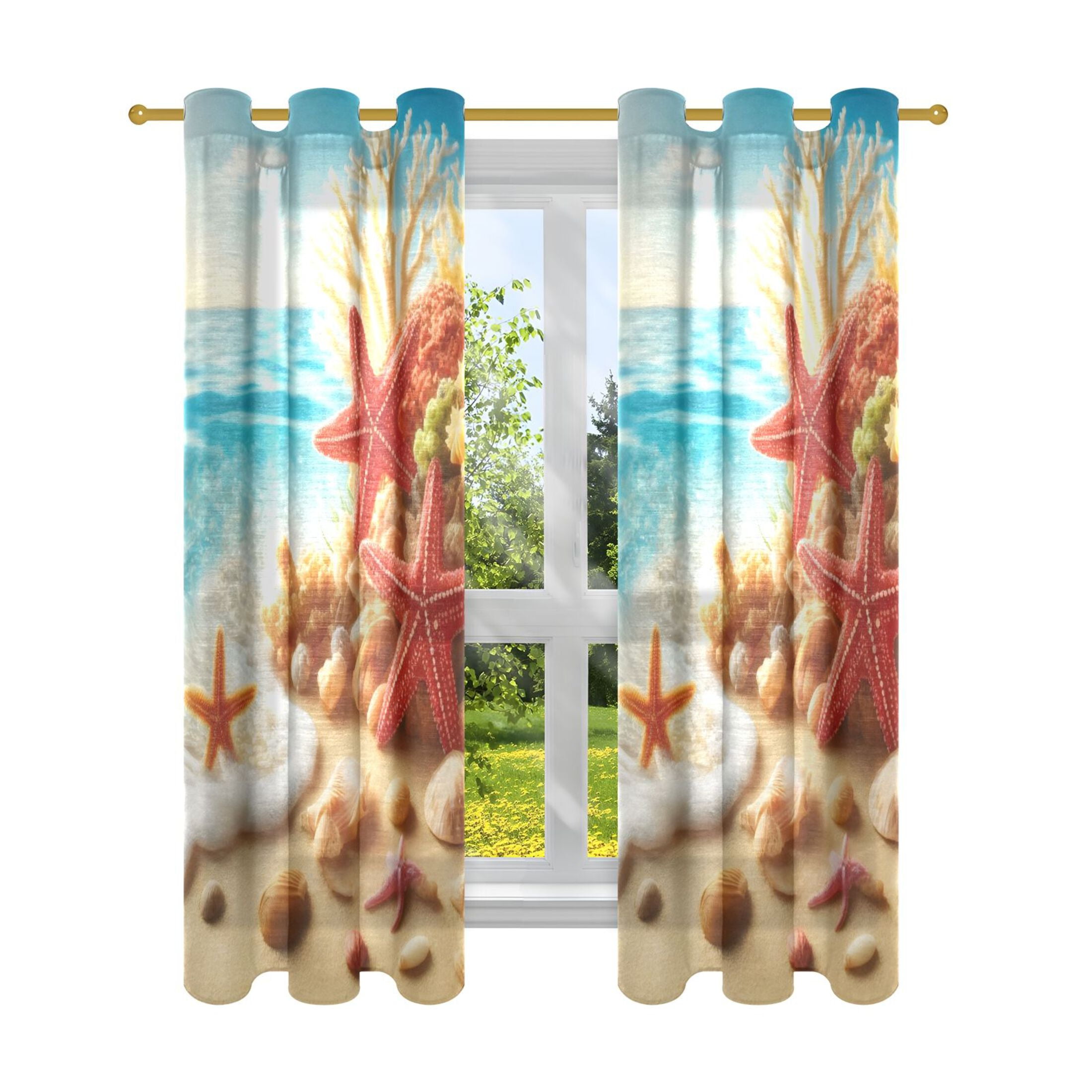 Starfish Coral Seashell Beach Sea Sheer Curtains 2 Panels Set Grommet ...