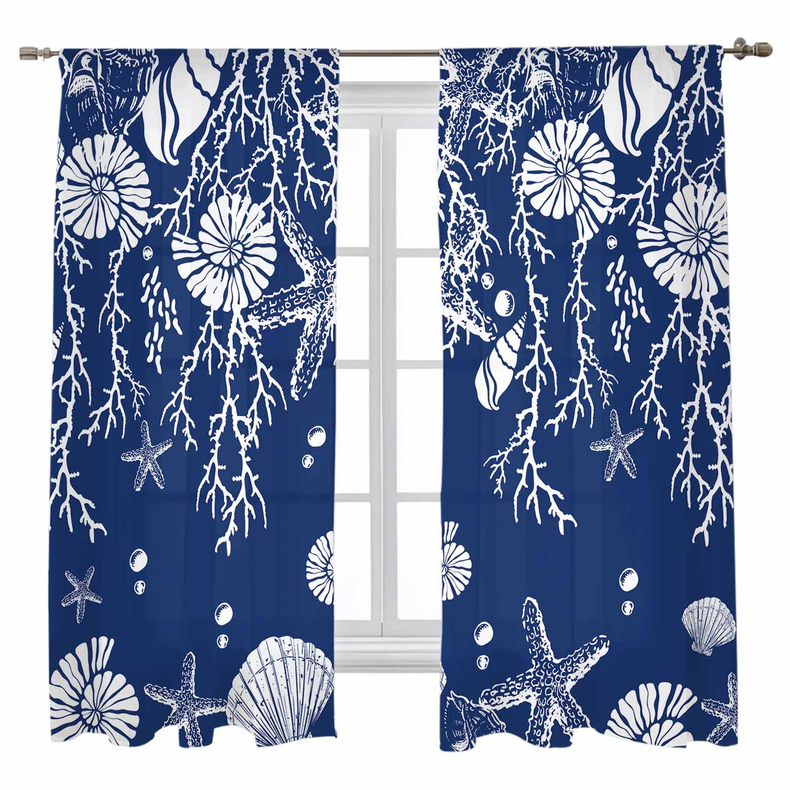 Starfish Coral Shell Sheer Curtains 72 inches Long, Navy Blue Summer ...