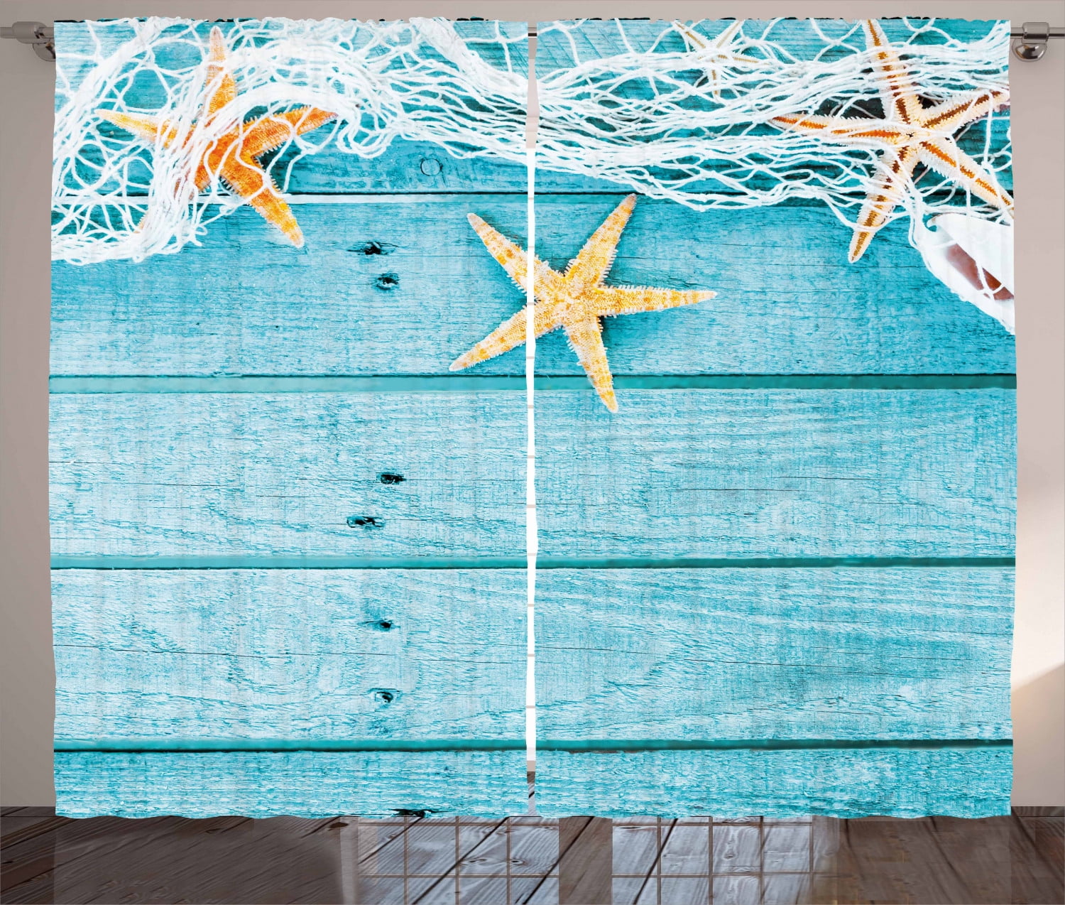 Starfish Decor Curtains 2 Panels Set, Rustic Wood Boards Fishing Net ...