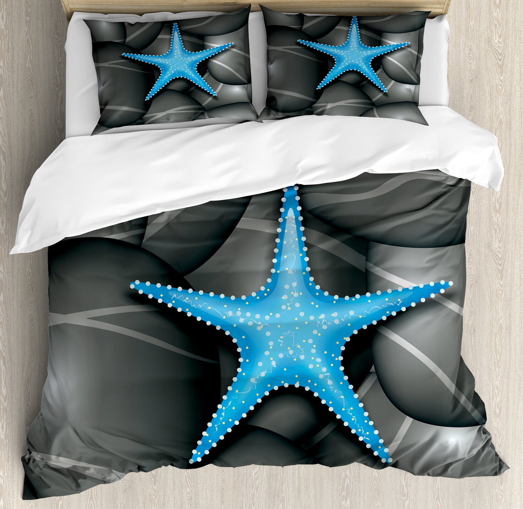 Starfish Duvet Cover Set, Blue Starfish Among the Sea Pebble Stones ...