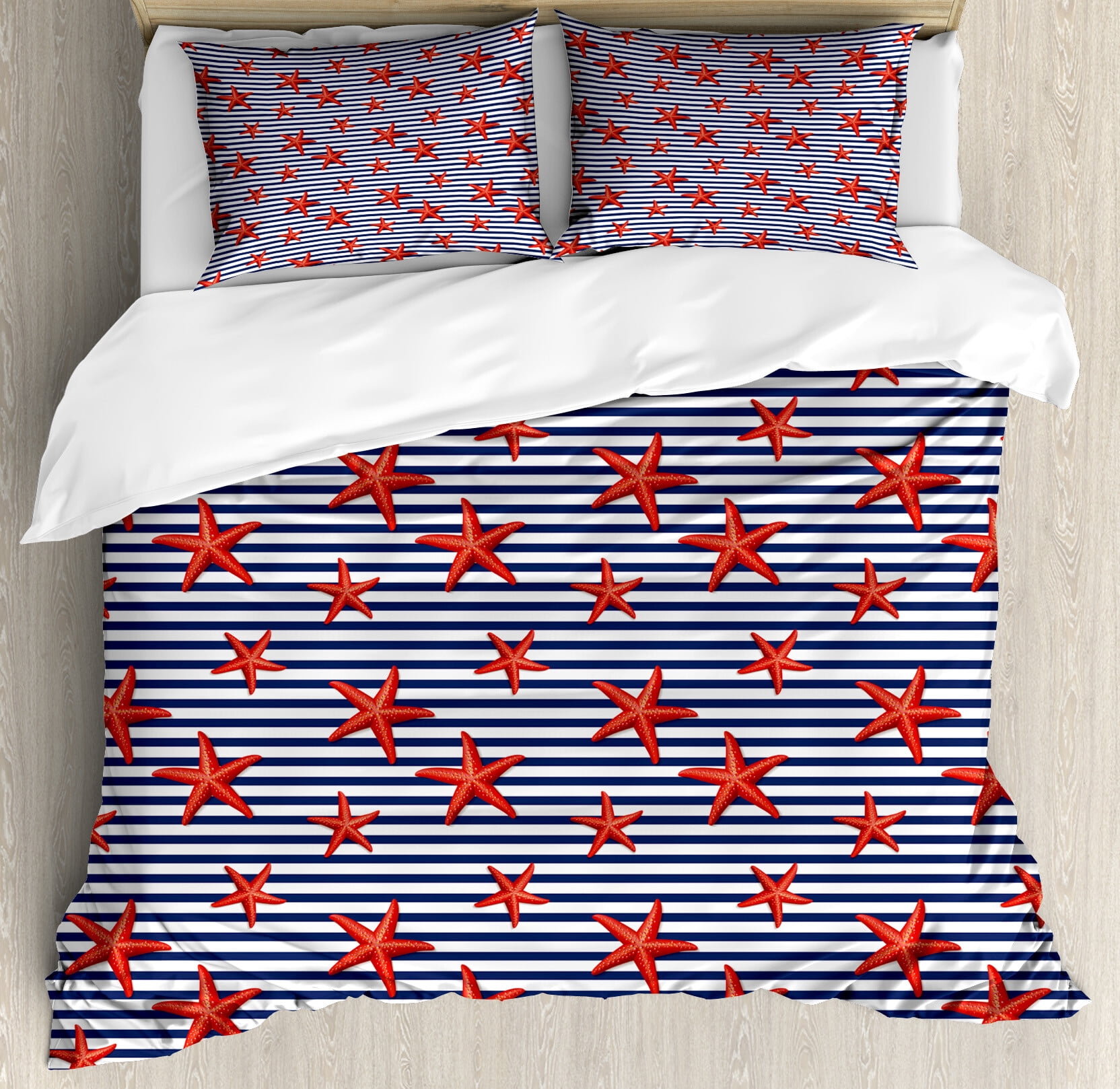Starfish Duvet Cover Set, Classical Striped Backdrop with Red Colored ...