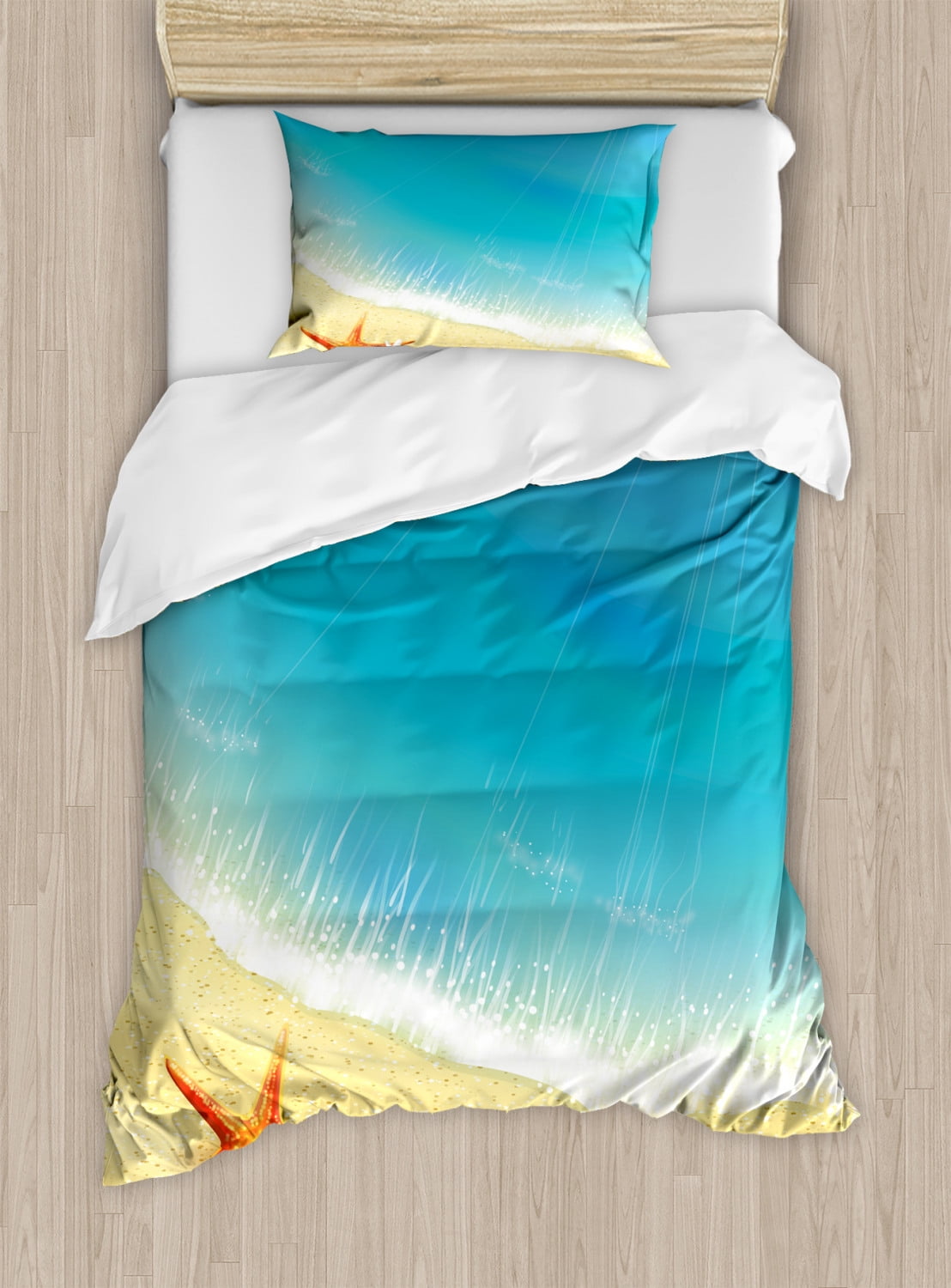 Starfish Duvet Cover Set Twin Size, Seashore View Waves on Sandy Beach ...