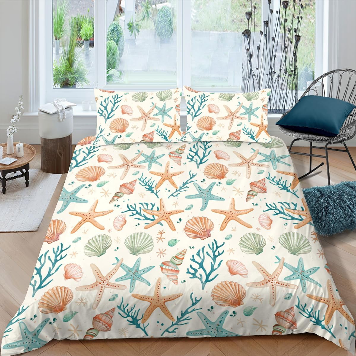 Starfish Duvet Cover Shell Bedding Set Green Seaweed Duvet Cover Set ...