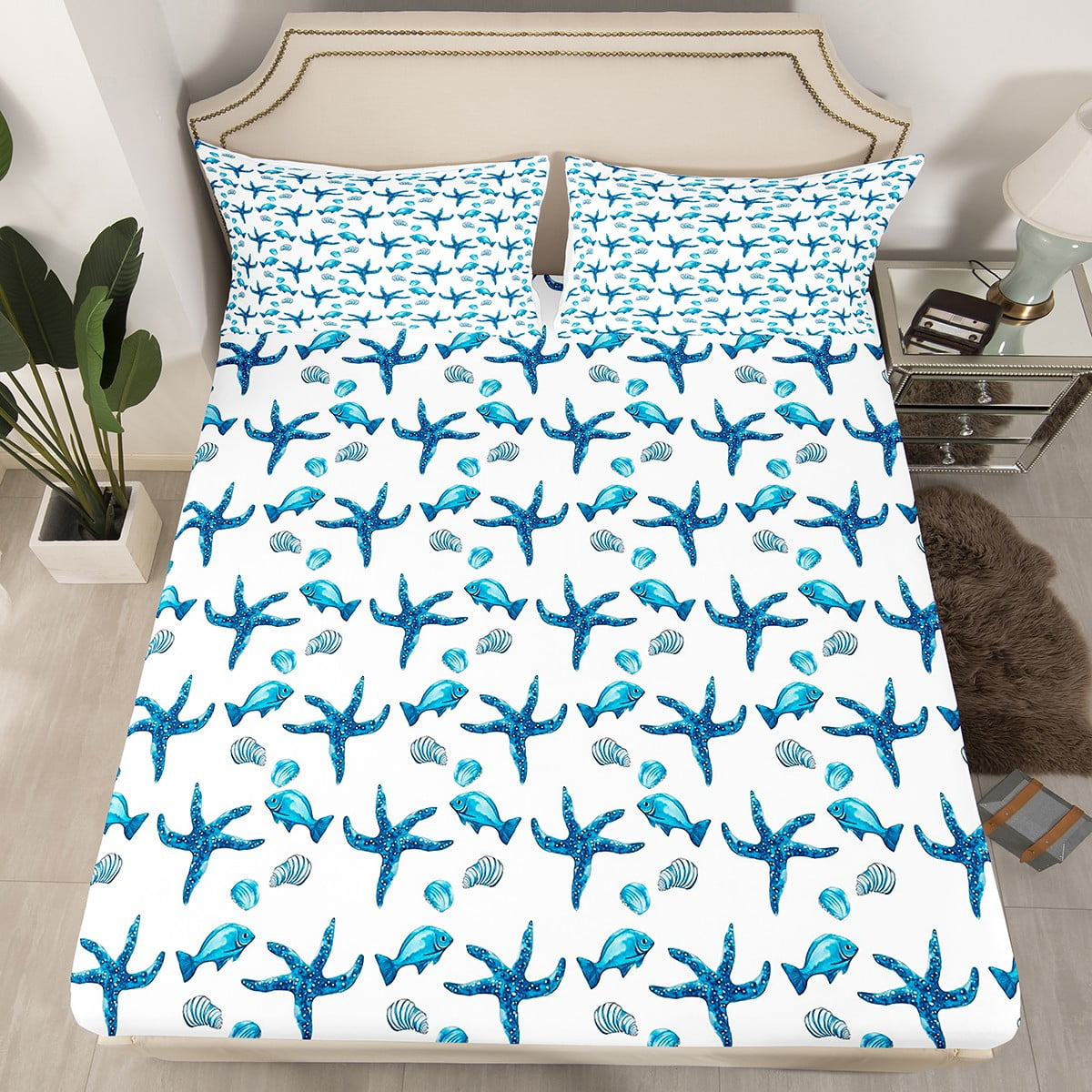 Starfish Fitted Sheet Queen Size, Cartoon Fish Marine Life Room Decor ...