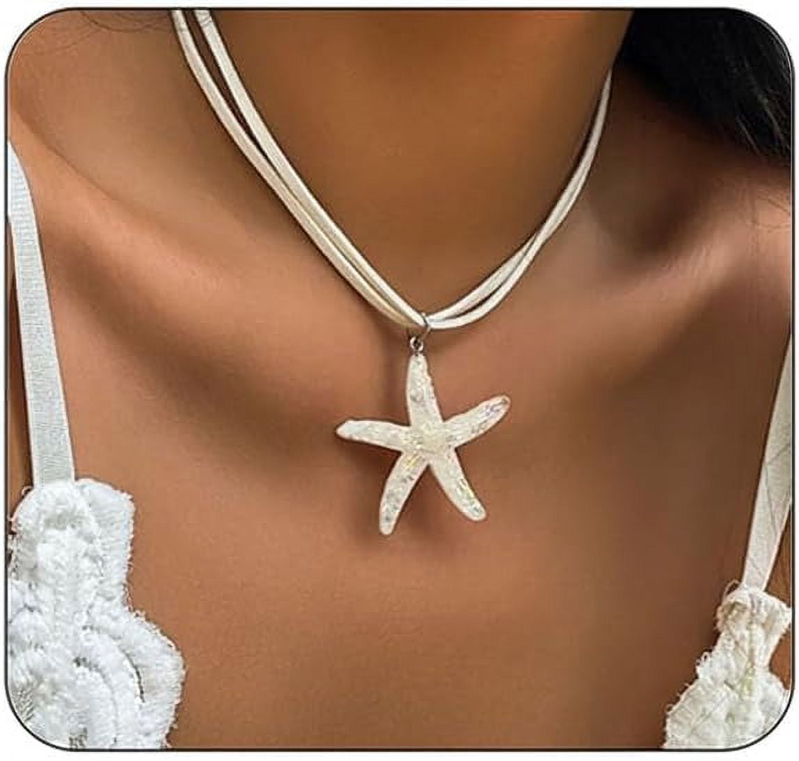 Starfish Fringe Necklace,Boho Layered Starfish Pendant Choker White ...
