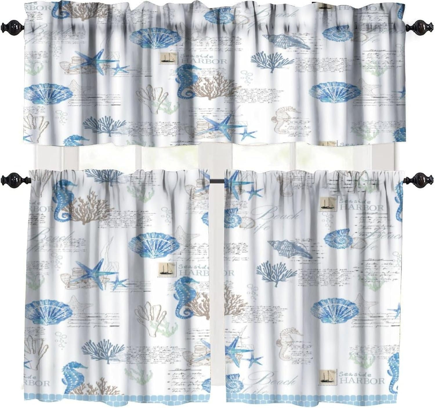 Starfish Kitchen Curtain and Valance Set Tier,Vintage Nautical Seashell ...