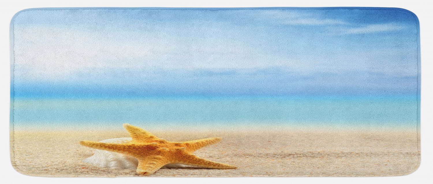 Starfish Kitchen Mat, Scallop Seashell and Starfish Close up Sandy ...