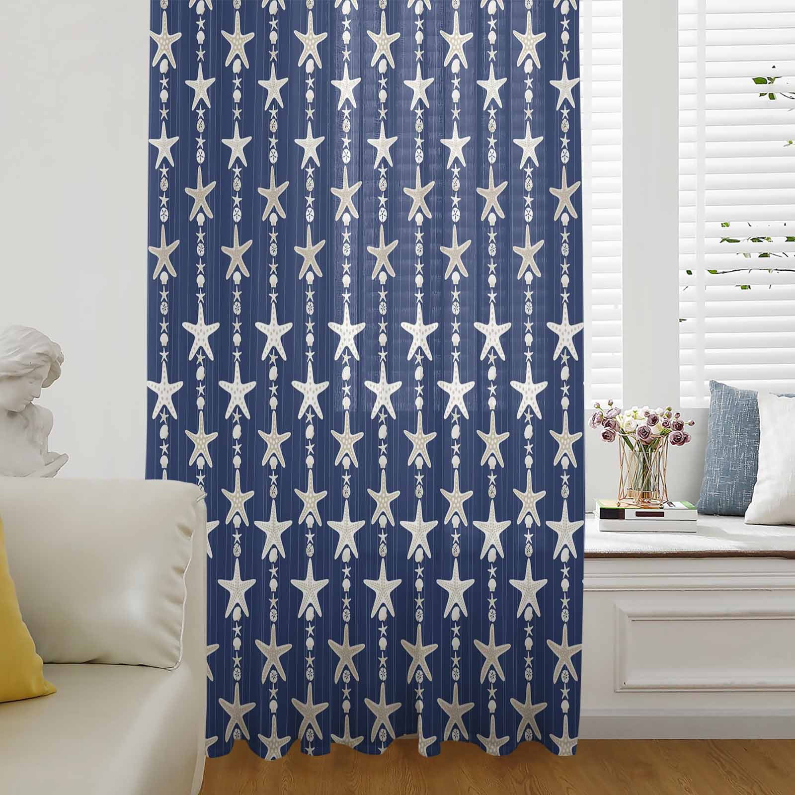 Starfish Navy Window Curtain 63 Inches Long,Blue Coastal Ocean Summer ...