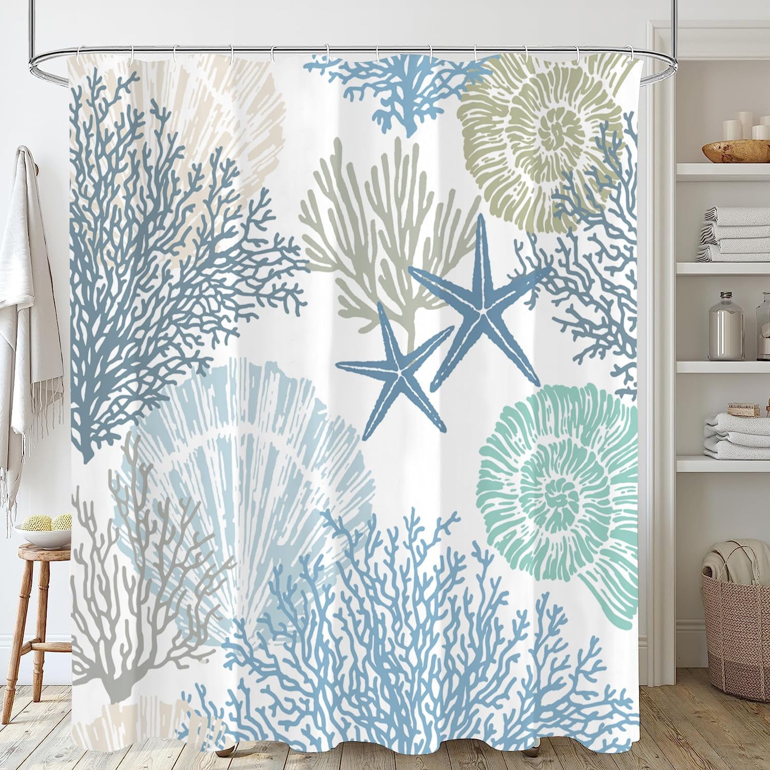 Starfish Ocean Coral Shell Shower Curtain, Geometric Abstract Blue ...