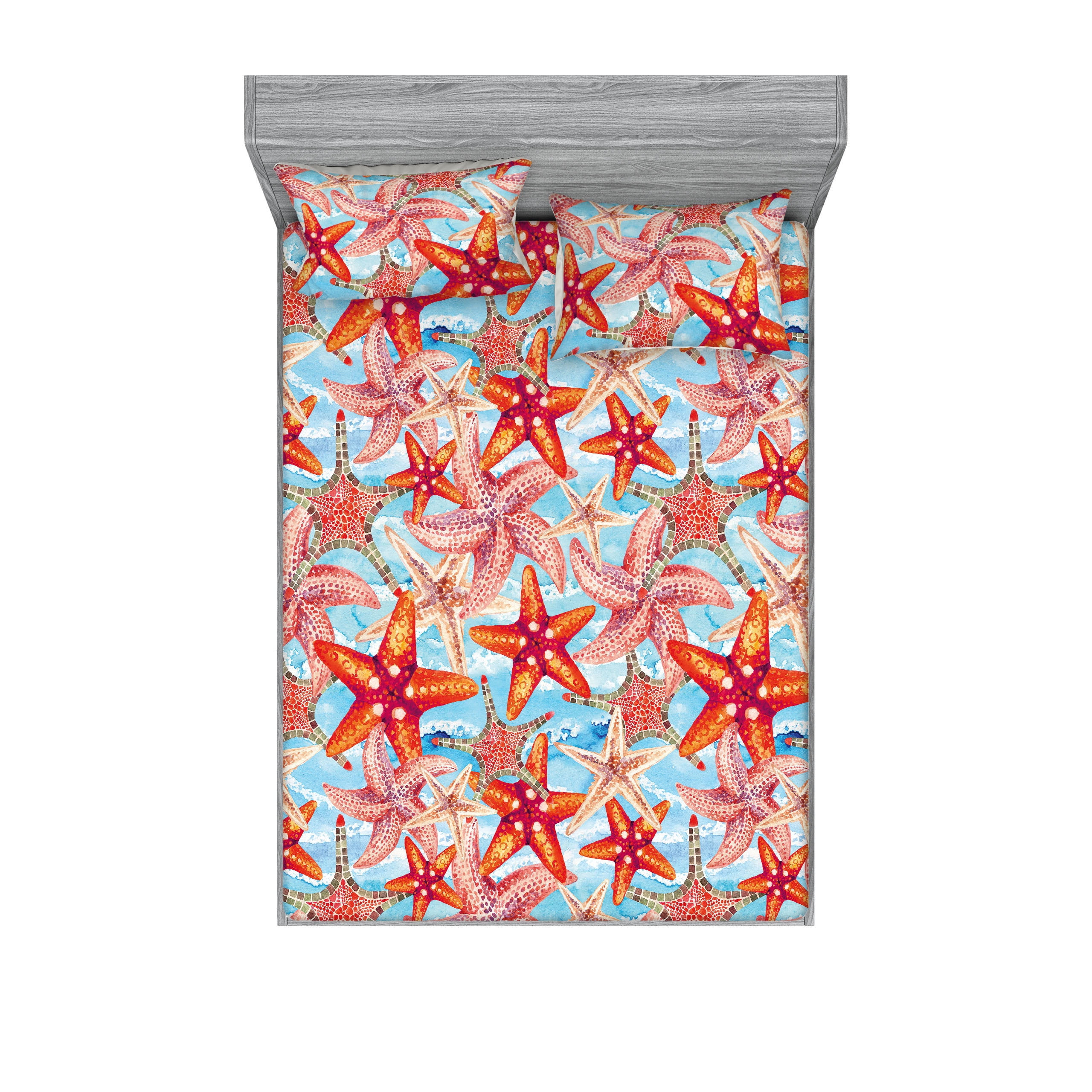 Starfish Pattern Fitted Sheet & Pillow Sham Set, Nautical Ocean Animals ...