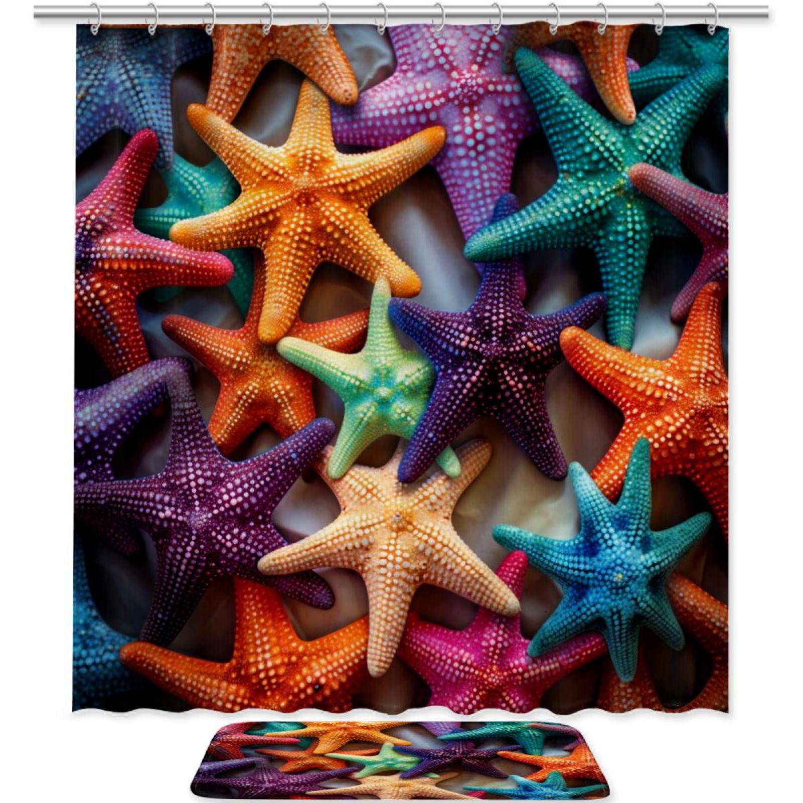 Starfish Pongee Shower and Polyester Floor Mat Set - 180x180cm Shower ...
