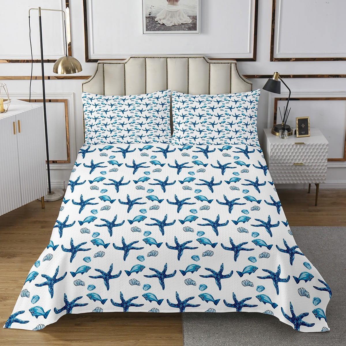 Starfish Queen Bedspread Set, Cartoon Fish Marine Life Room Decor Quilt ...
