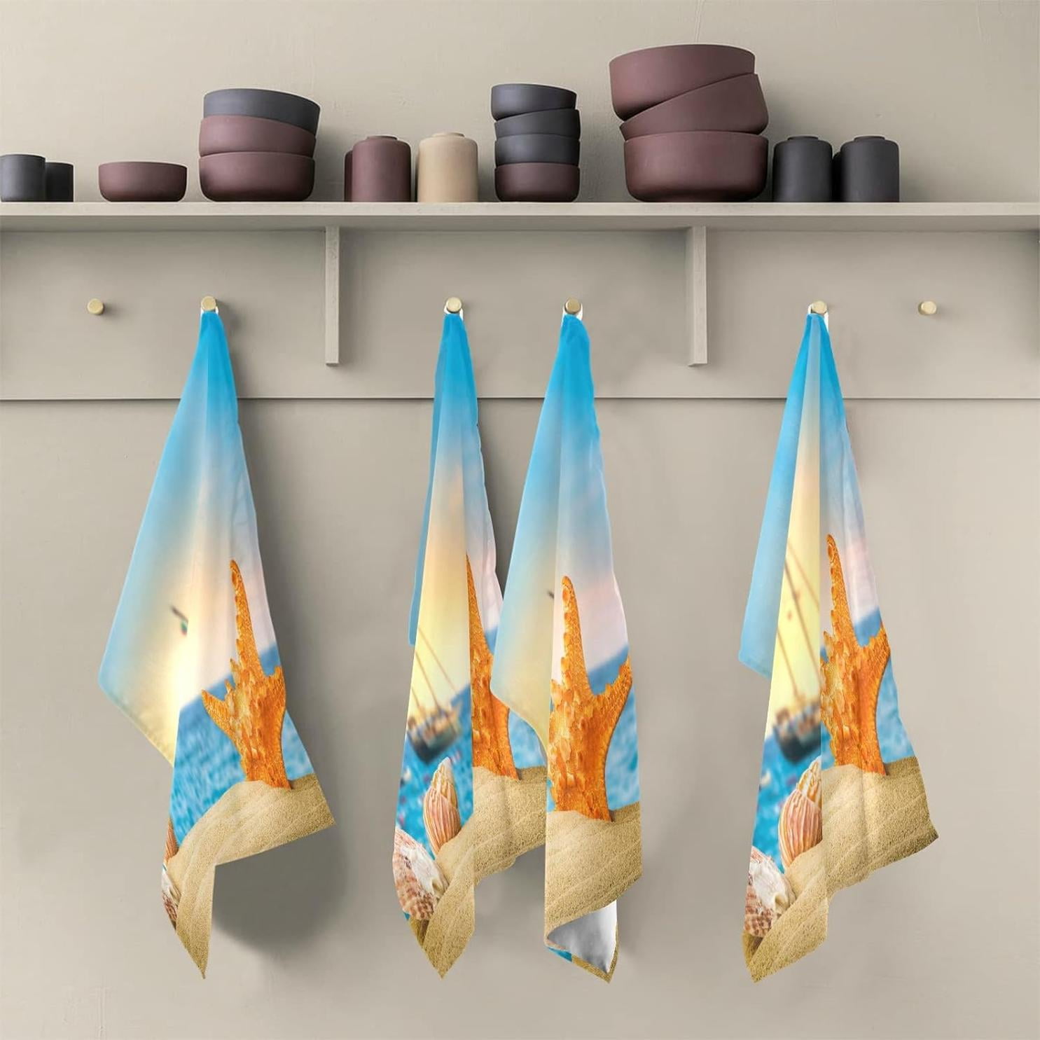 Starfish Sandy Beach Tea Towels Set of 6 Sunrise Shells Sailboat ...