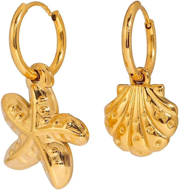 Starfish Seashell Dangle Hoop Earrings for Women 18k Gold Plated ...