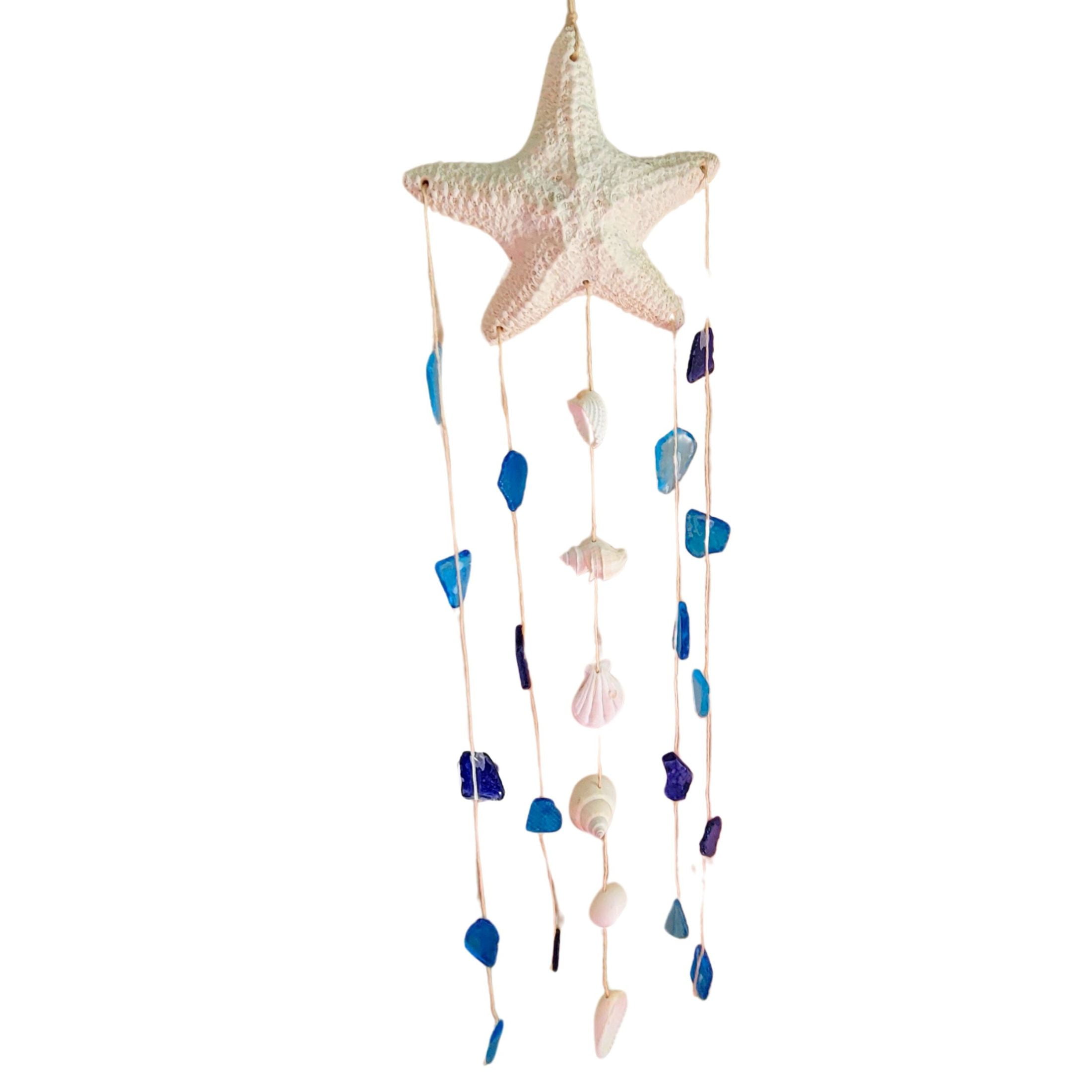 Starfish Seashell & Sea Glass Hanging Wall Art, Natural Coastal Blue ...