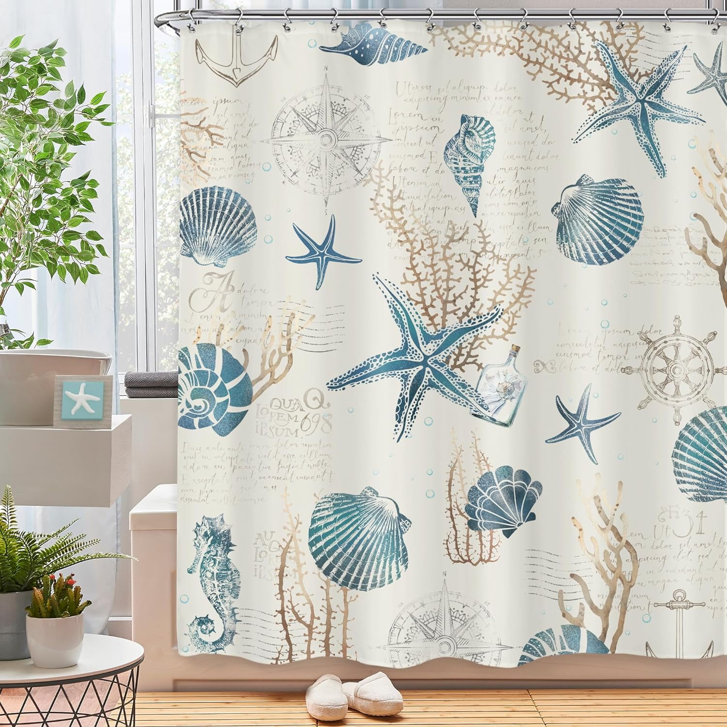 Starfish Seashell Shower Curtain 72Wx72H Inch Beach Coastal Nautical ...