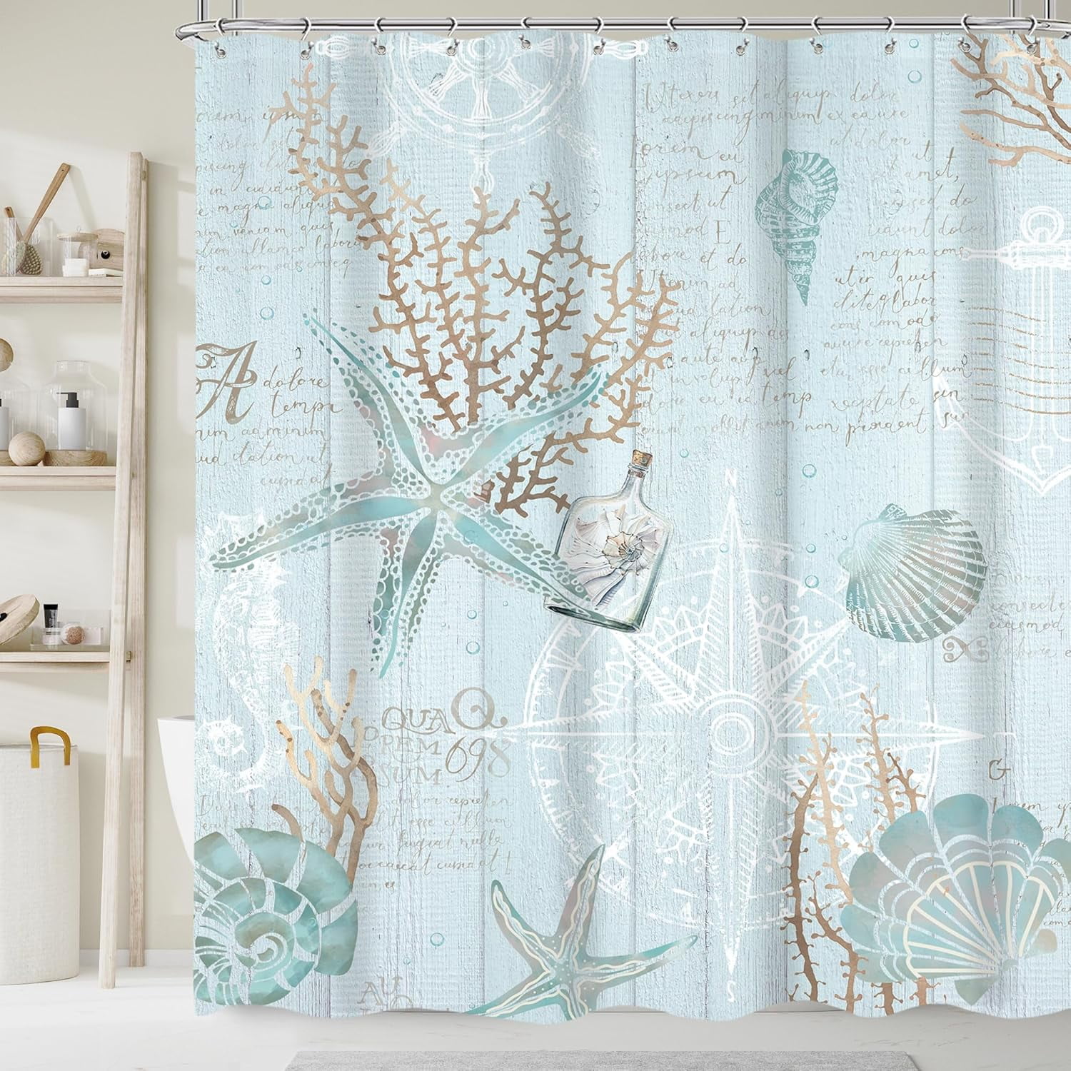 Starfish and Seashell Shower Curtain 72Wx72H Inch Rustic Wooden Teal ...