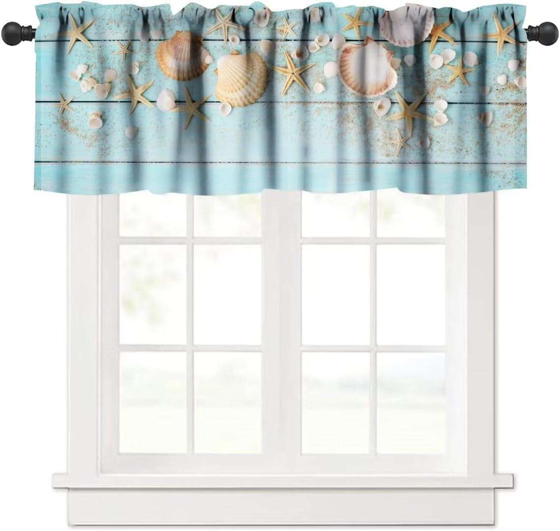 Starfish Seashell Window Curtain Valance, Summer Time Nautical Beach Rustic Farmhouse Teal ...