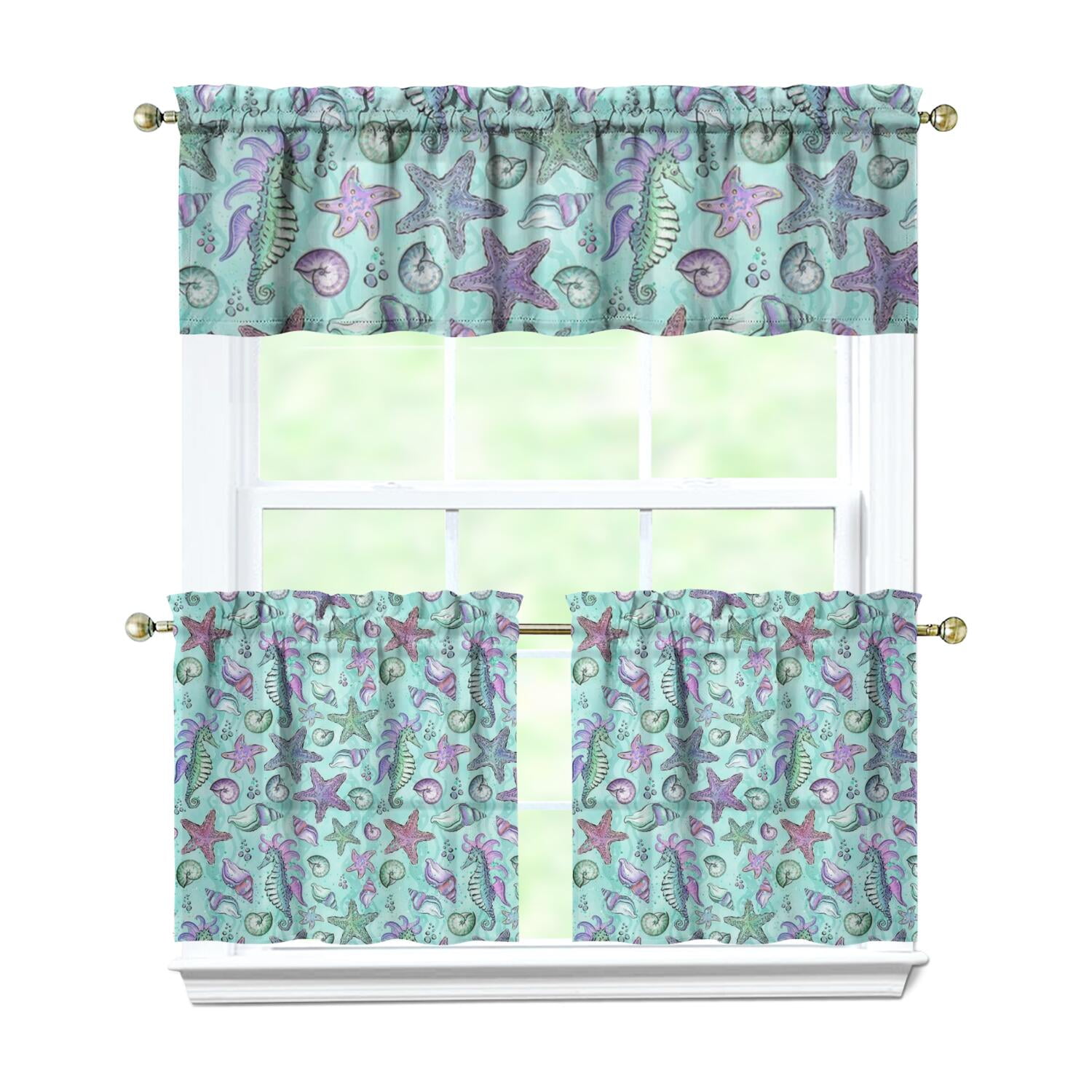 Starfish and Seashells Kitchen Curtains Set Nautical Beach Summer Ocean ...