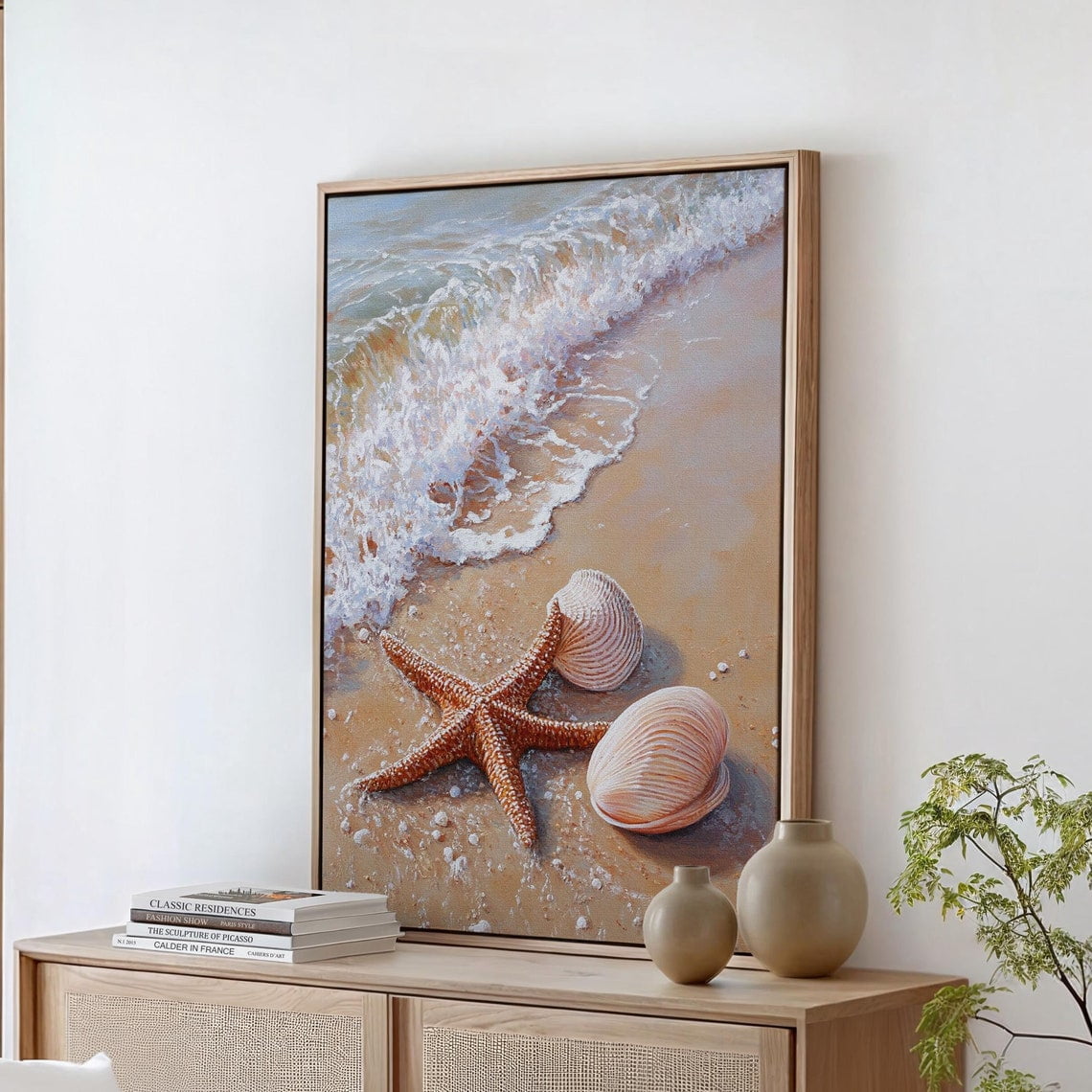 Starfish And Seashells On The Shoreline With Waves And Textured Sand ...