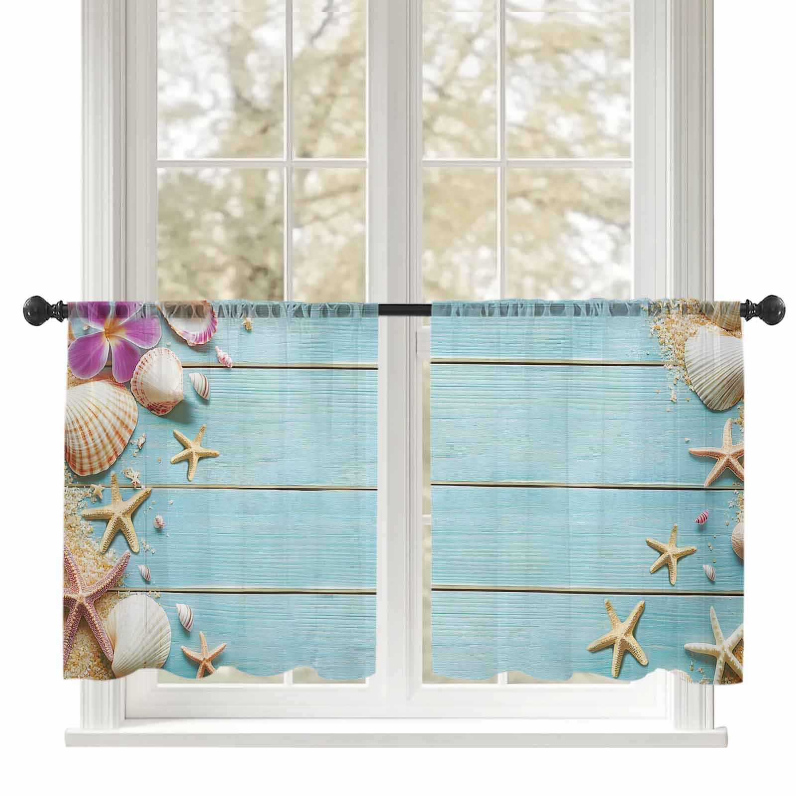 Starfish Shell Sheer Curtains 54 inches Long, Floral Sand Summer Beach ...