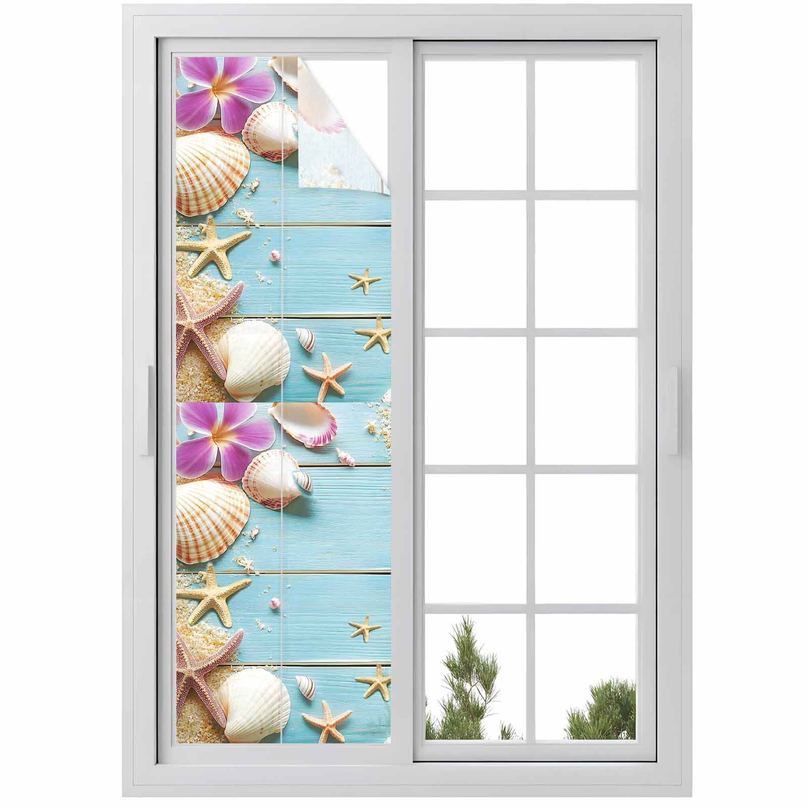 Starfish Shell Window Privacy Film Floral Sand Summer Beach Blue Wood ...